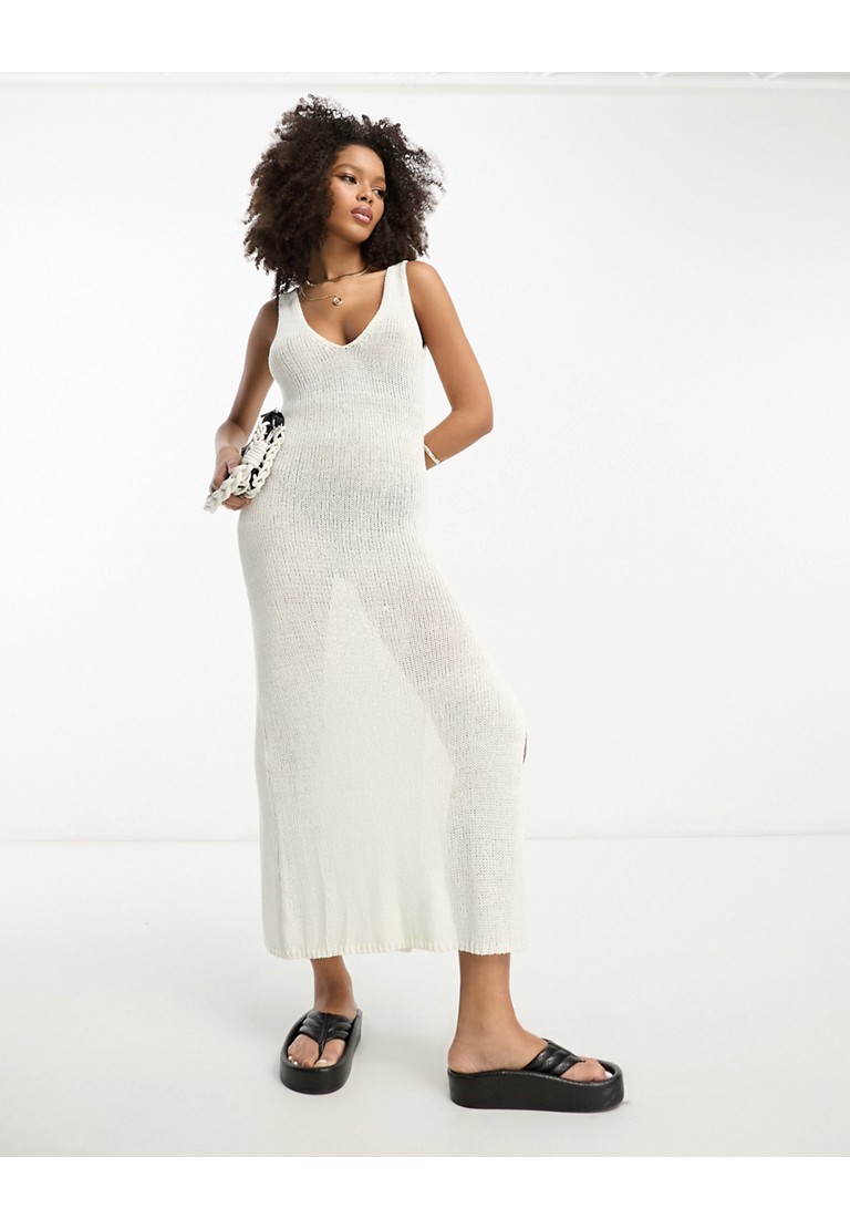 ASOS EDITION v neck knitted midi dress in ivory-White
