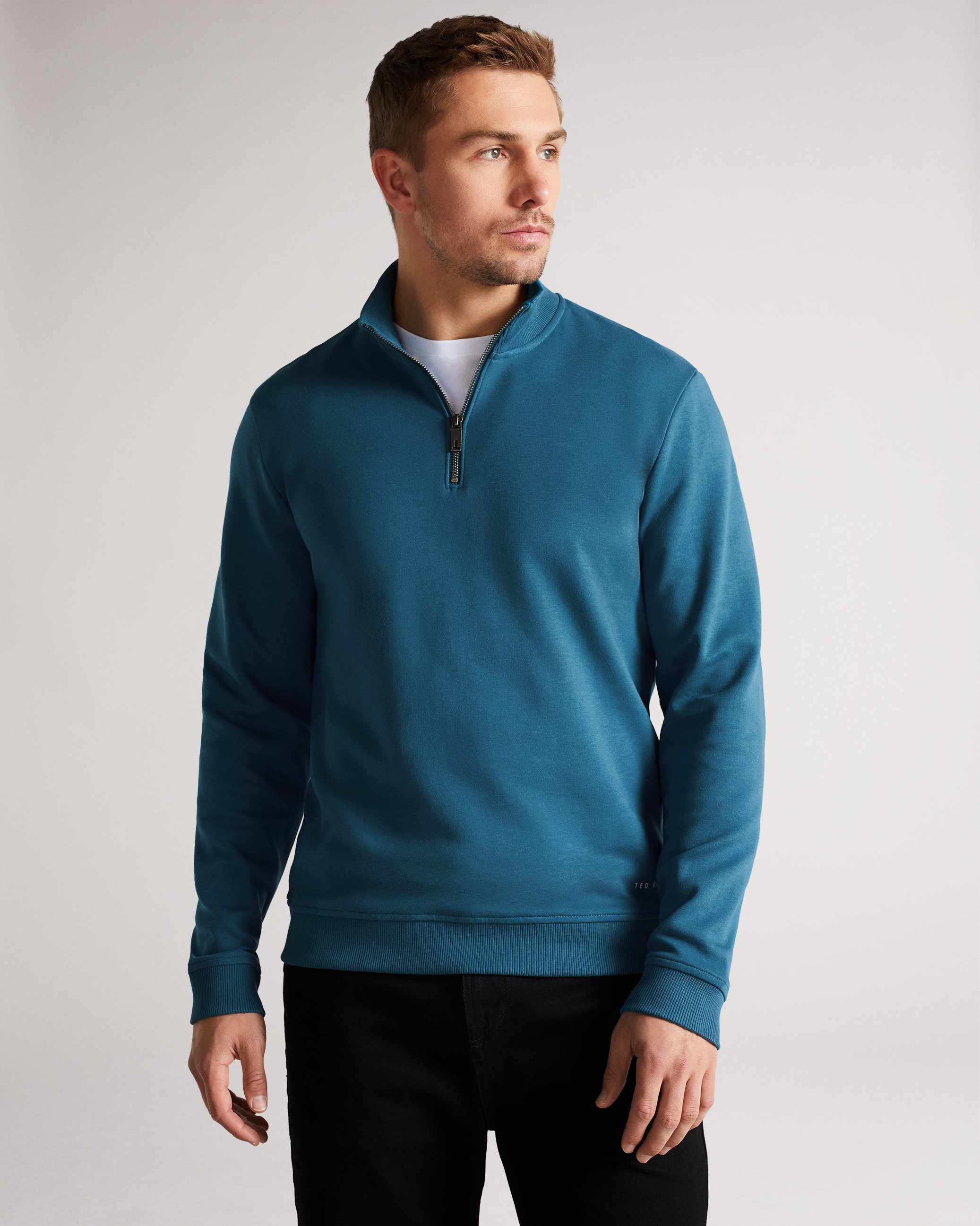 Ted Baker Antram Long-Sleeved Half Zip Funnel Neck, Teal Blue