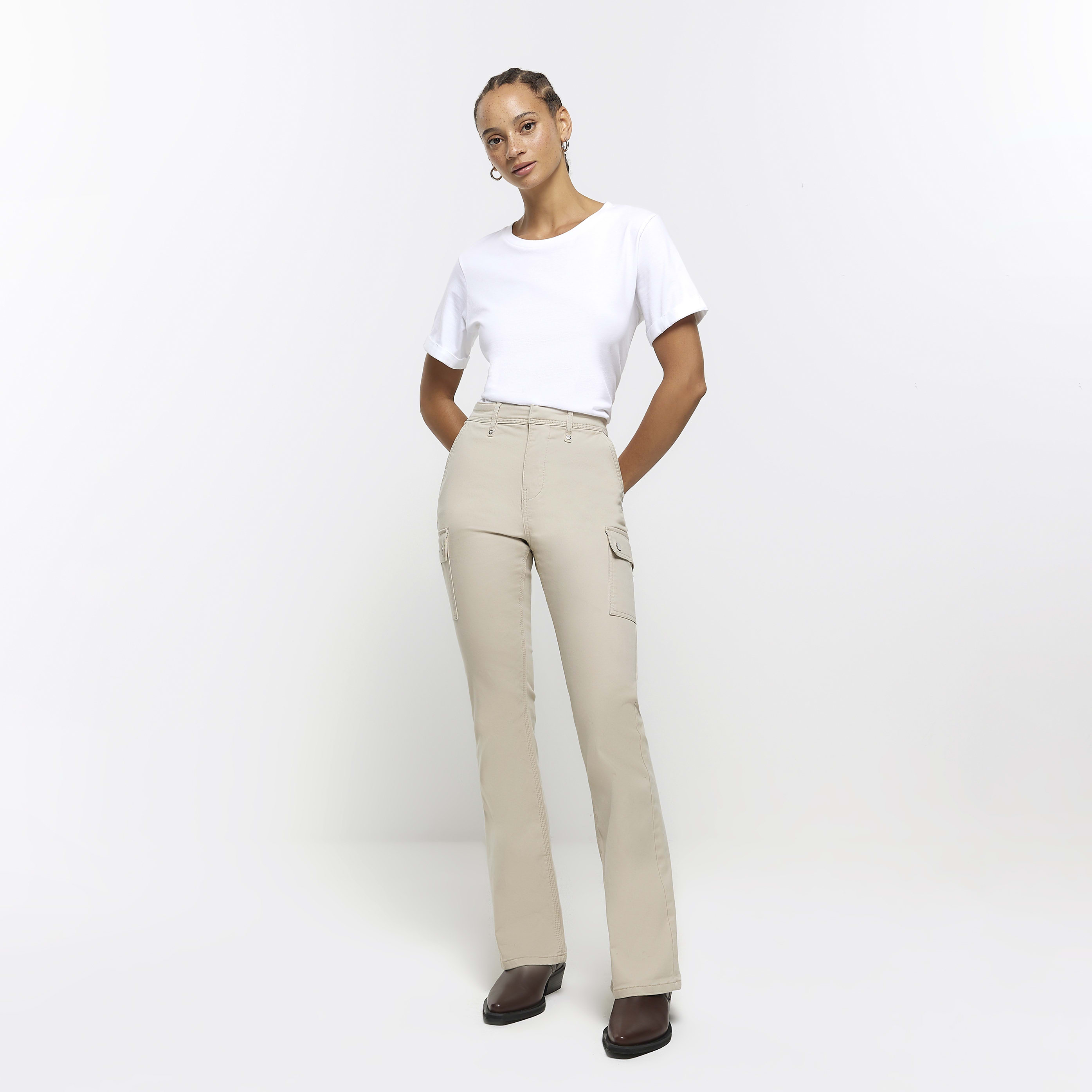 River Island Womens Cargo Trousers Ecru Flared