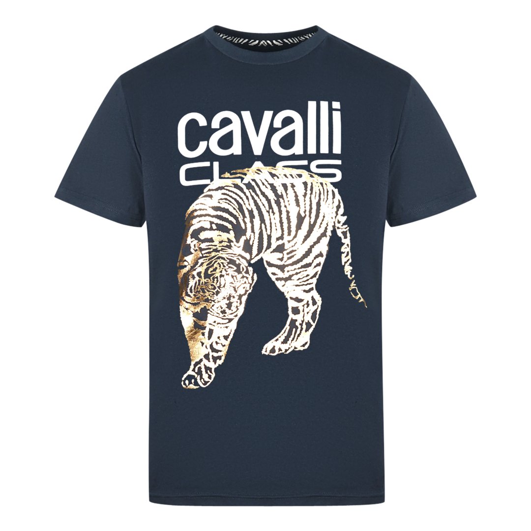 Cavalli Class Large Gold Tiger Stencil Logo Navy T-Shirt