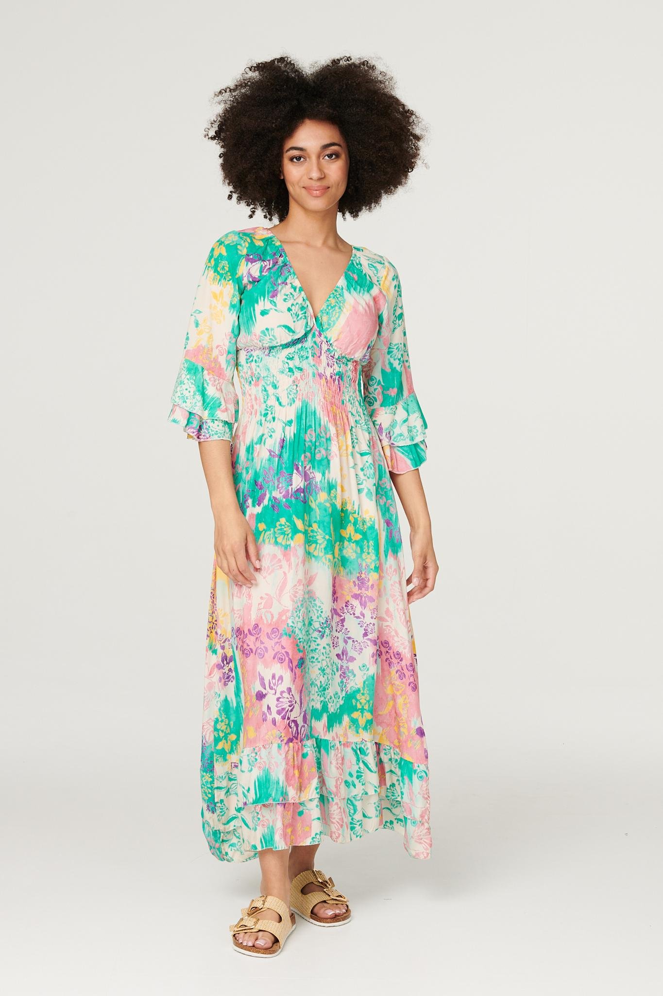 Multi Green Floral Flute Sleeve Maxi Dress