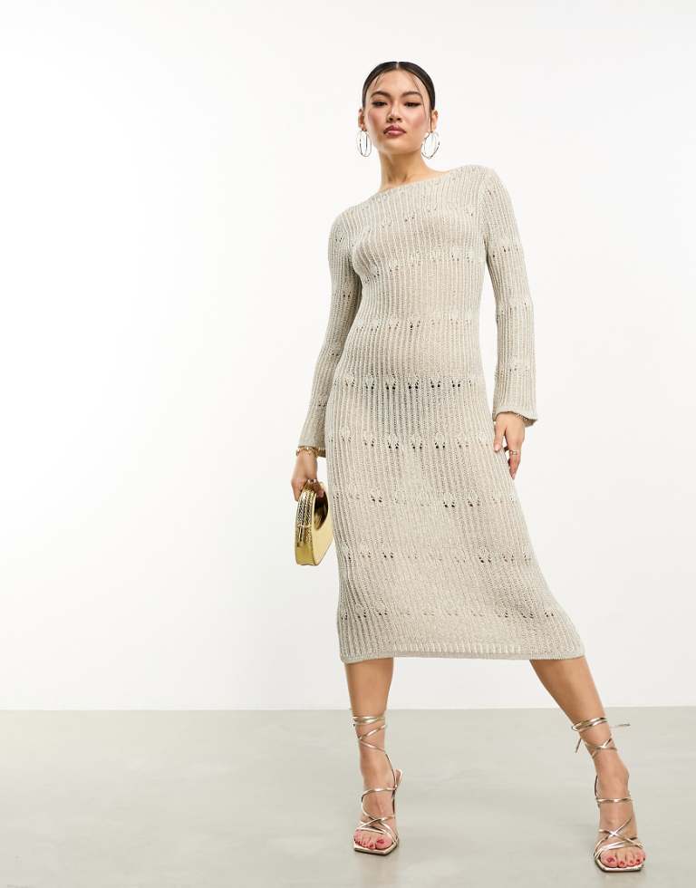 ASOS DESIGN metallic knitted maxi dress with stitch detail in silver