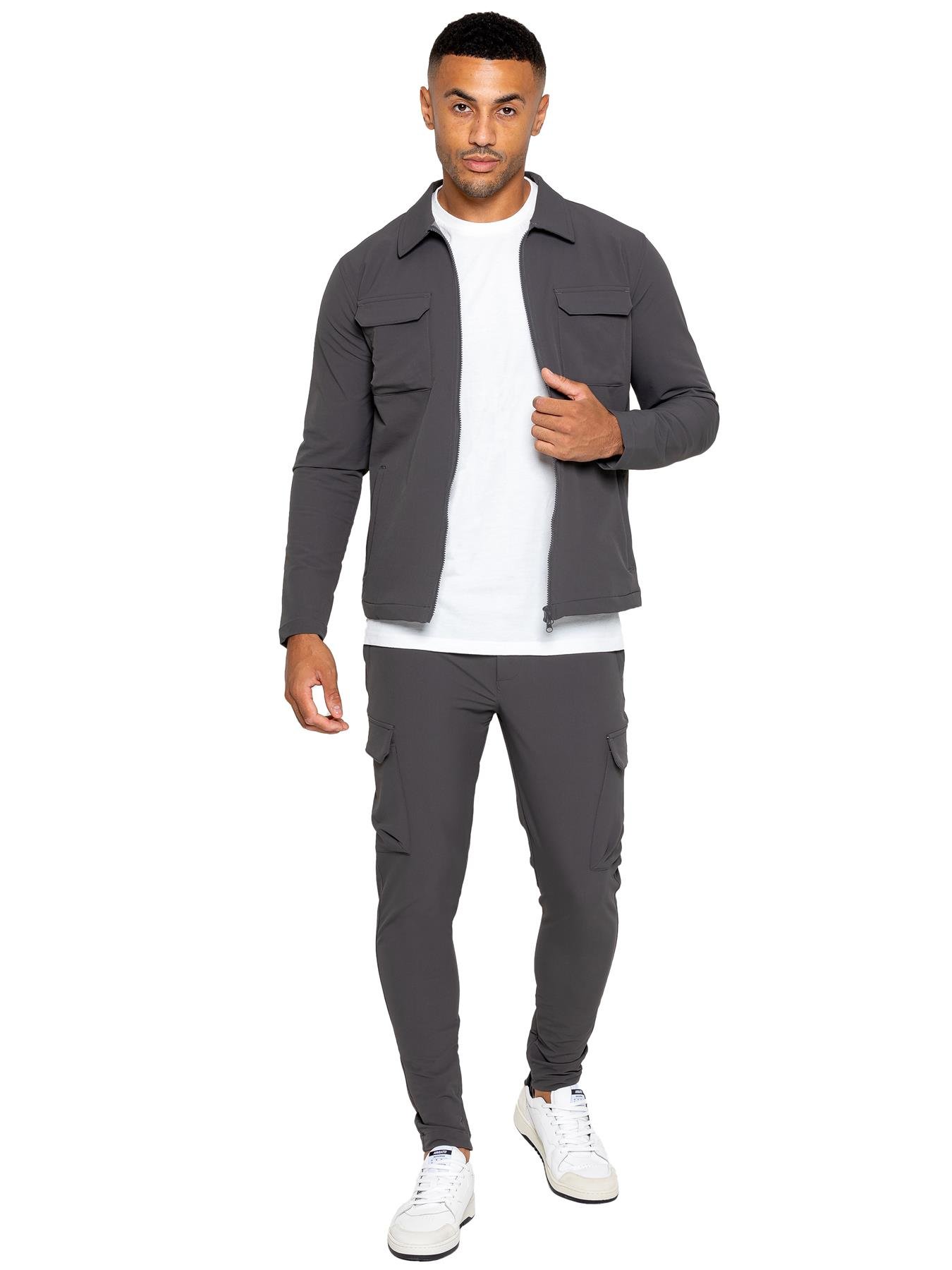 Enzo | Mens Cargo Shacket Tracksuit Set - Grey
