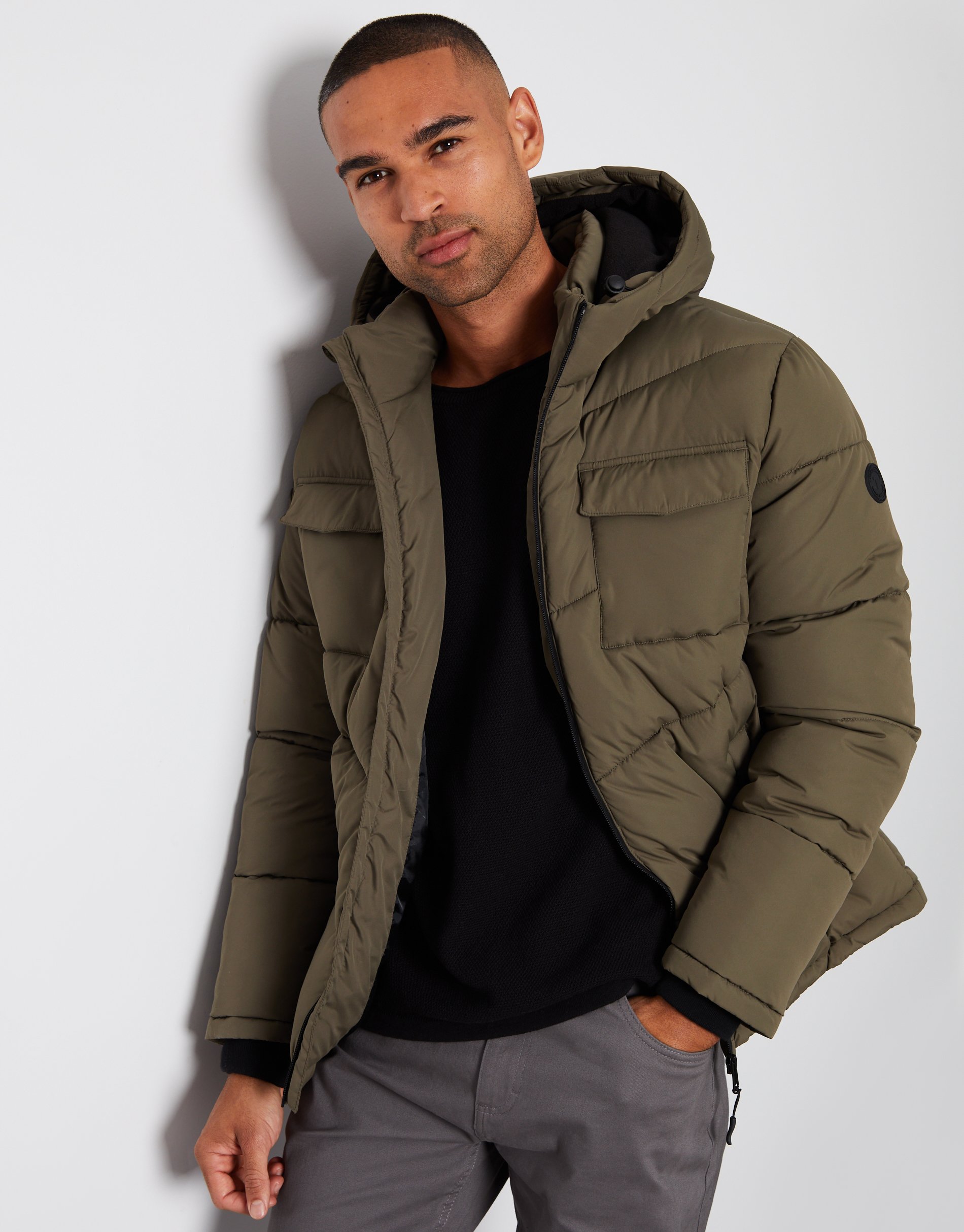Khaki 'Baton' Showerproof Four Pocket Hooded Puffer Jacket