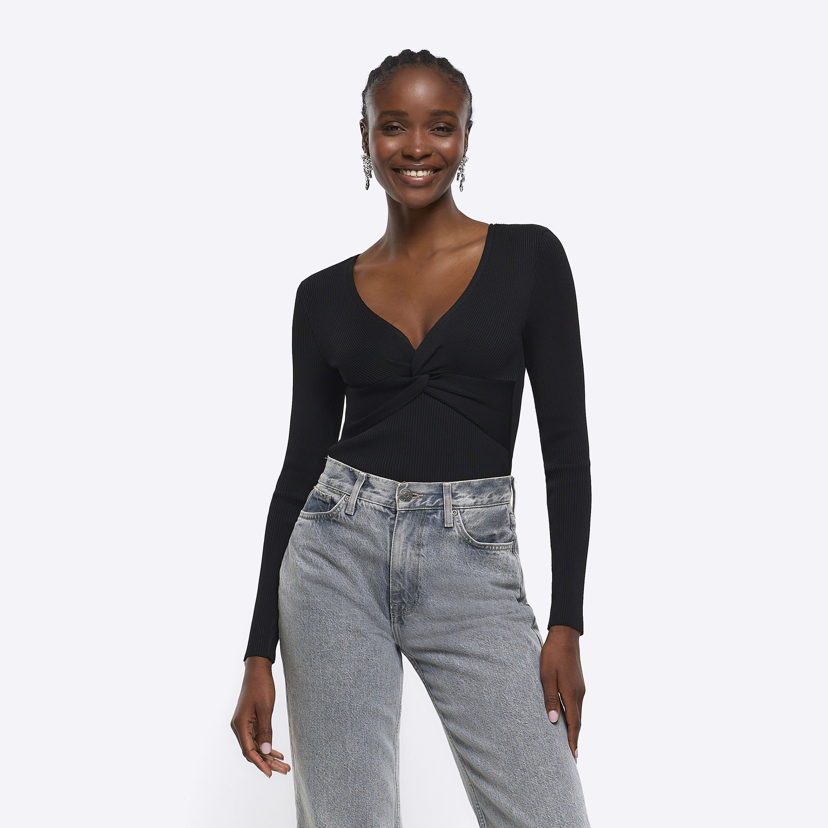 River Island Womens Top Black Wrap Long Sleeve