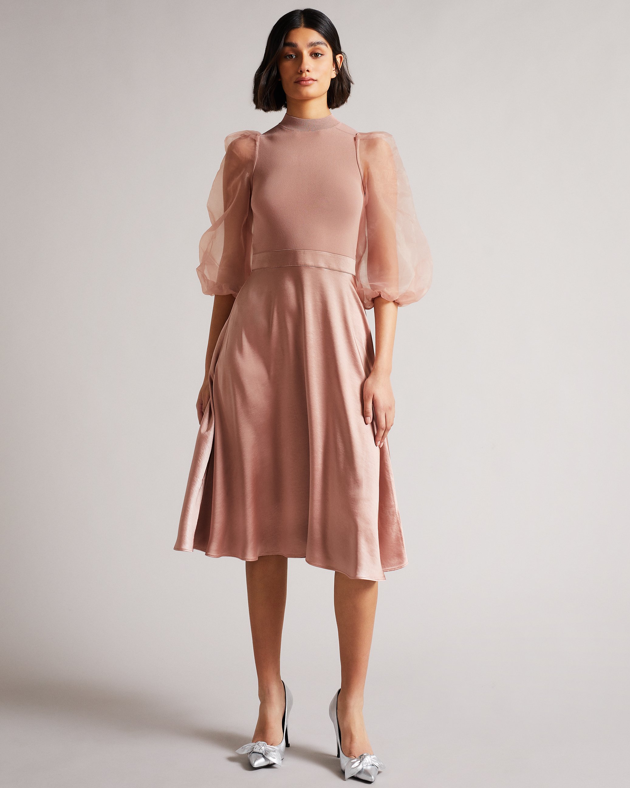 Ted Baker Lharra Knit Satin And Organza Midi Dress, Dusky Pink