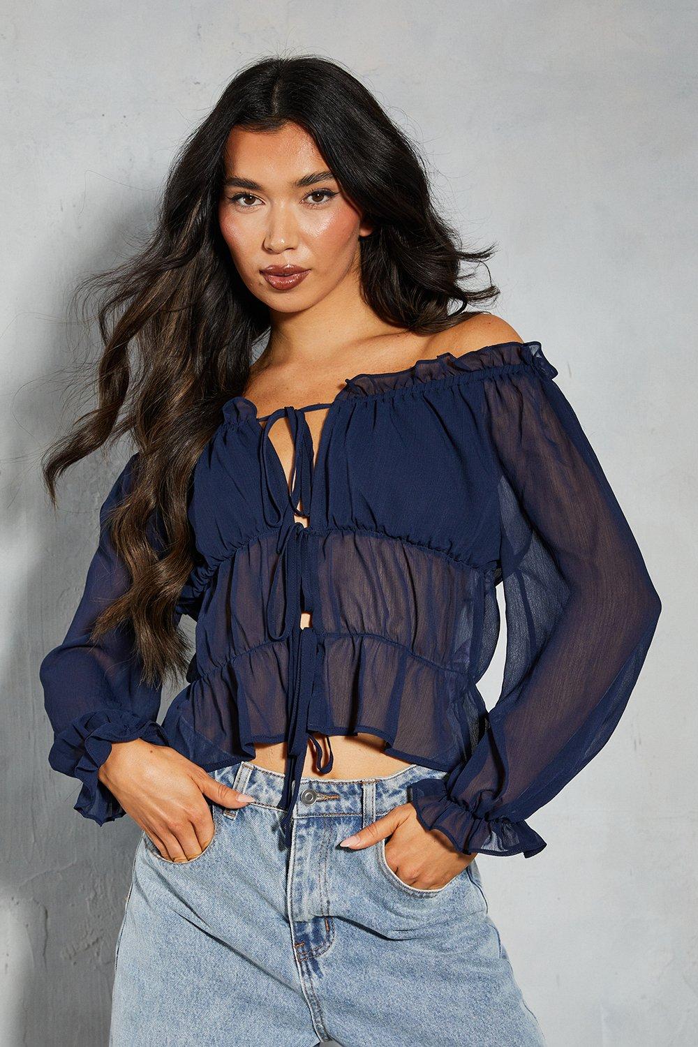 Sheer Ruched Off The Shoulder Top