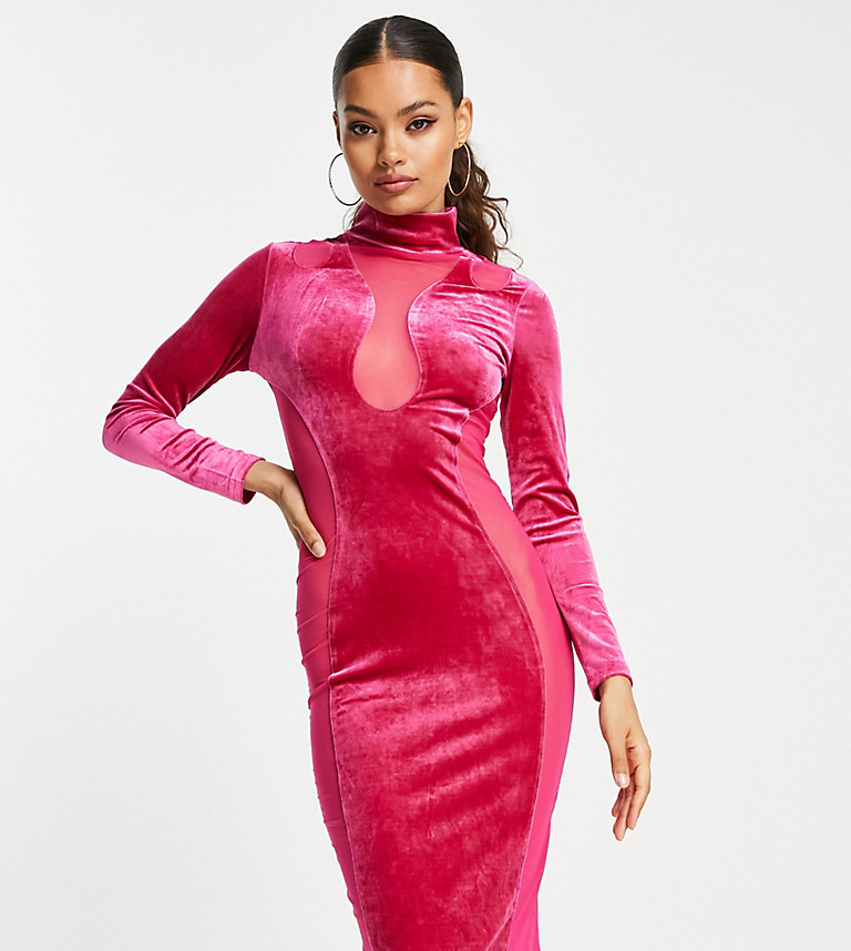 Simmi Petite velvet and mesh pannelled midi bodycon dress in pink