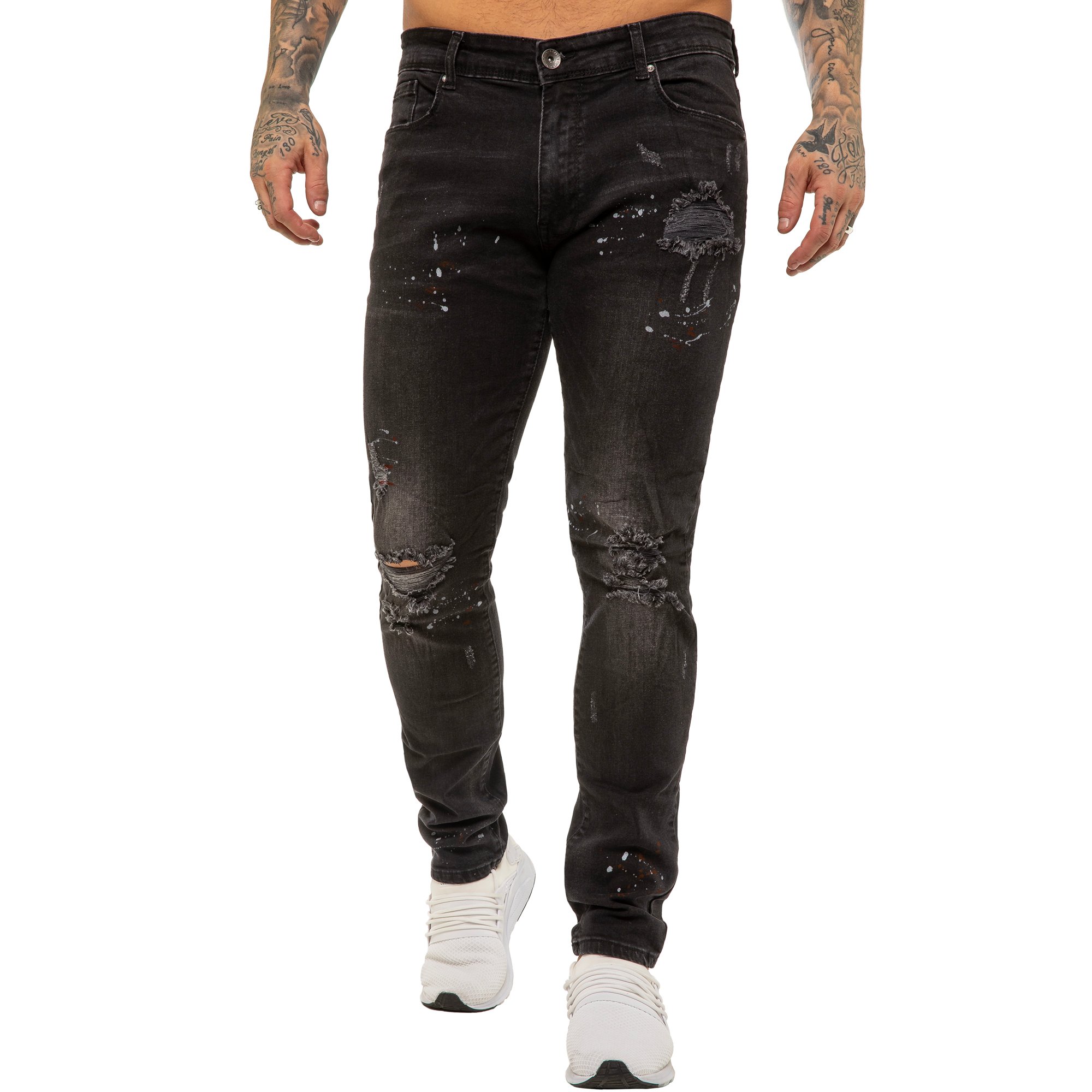 ENZO MENS SKINNY RIPPED SPLASHED JEANS