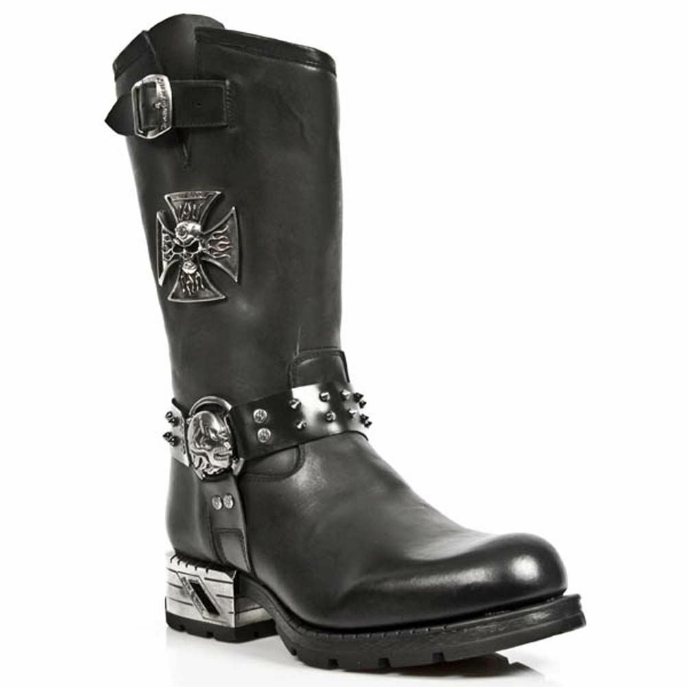 New Rock Men's Black Leather Gothic Cowboy Boots- MR030-S1