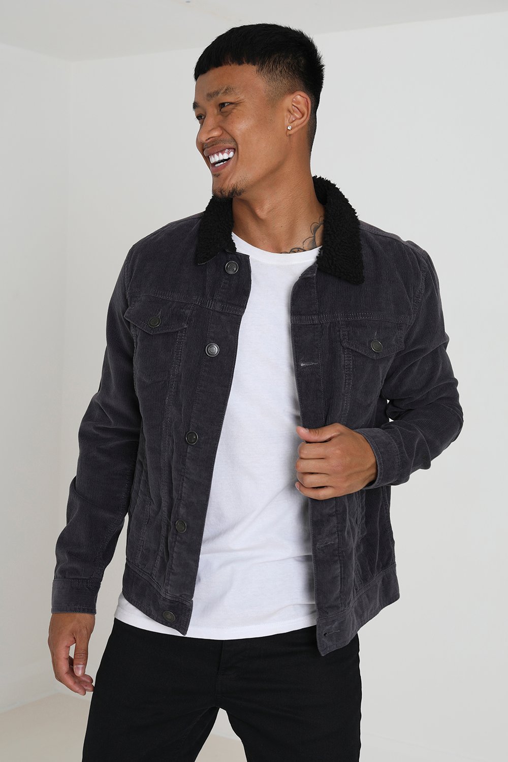 Grey 'Prestwich' Borg Collar Cord Jacket