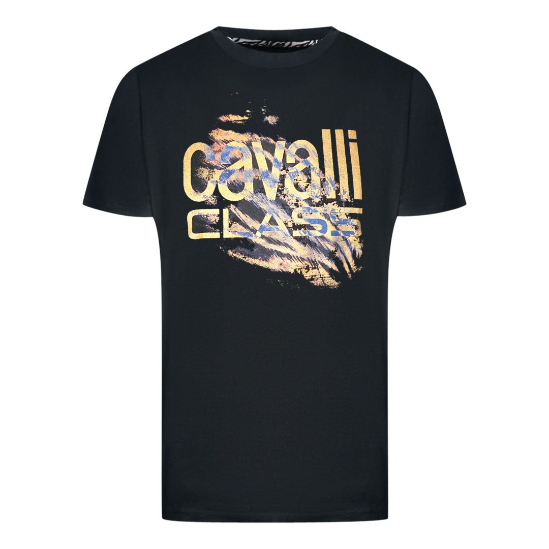 Cavalli Class Slashed Tiger Print Bold Logo Black T-Shirt