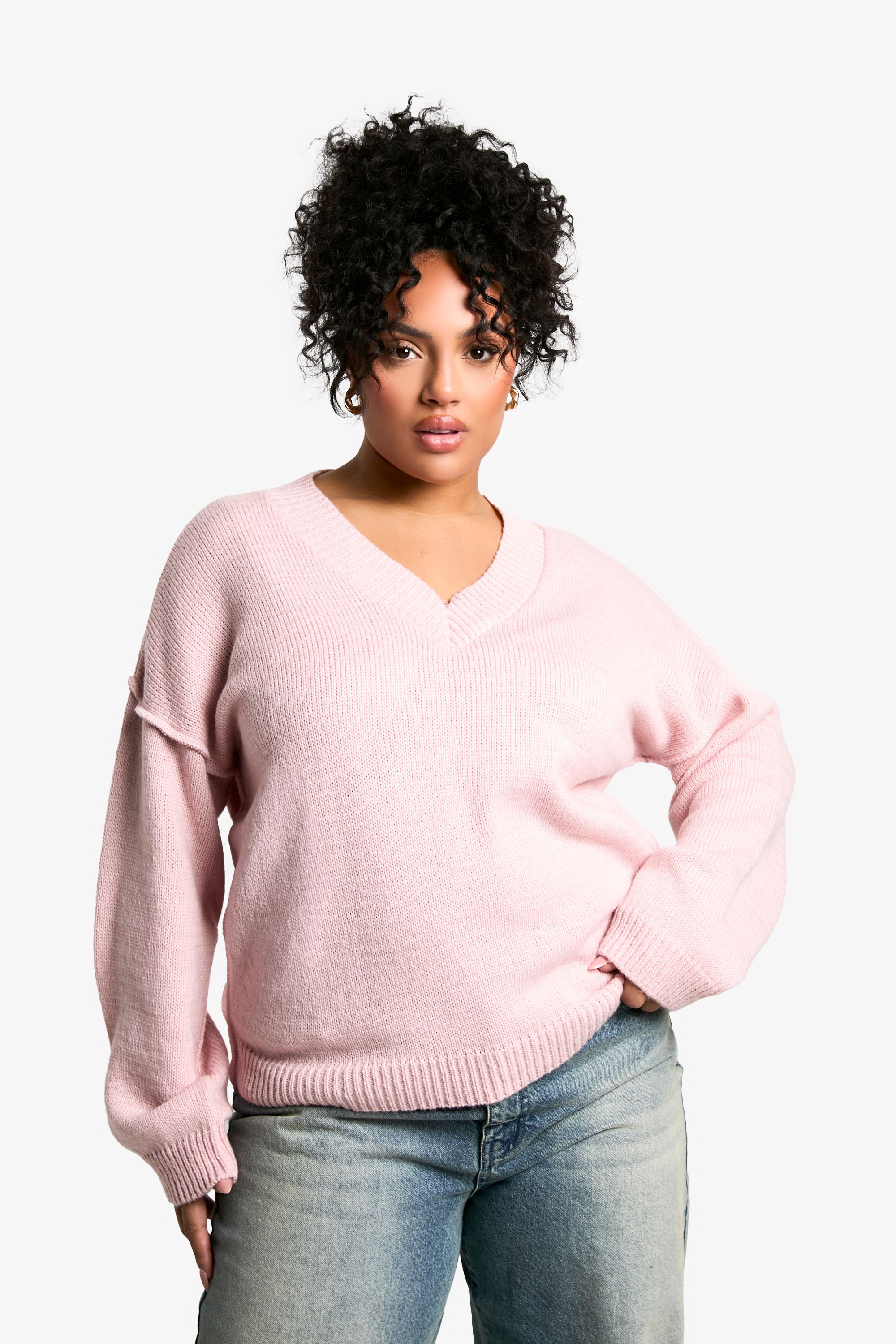 Plus Soft Knit Seam Detail V Neck Slouchy Jumper
