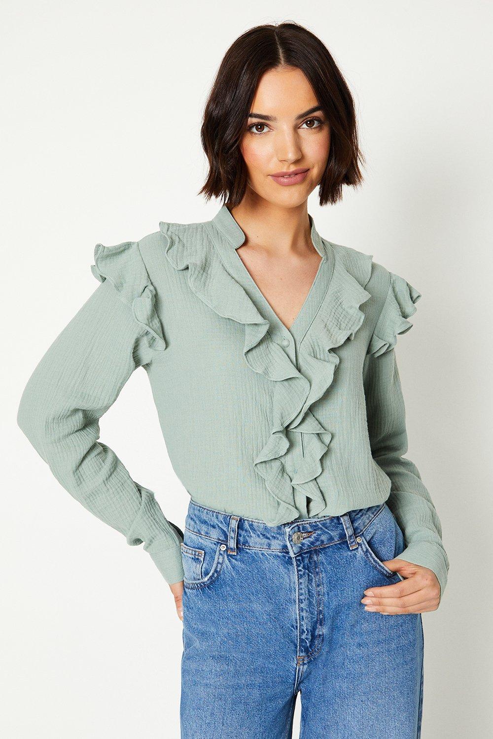 Muslin Ruffle Button Through Top