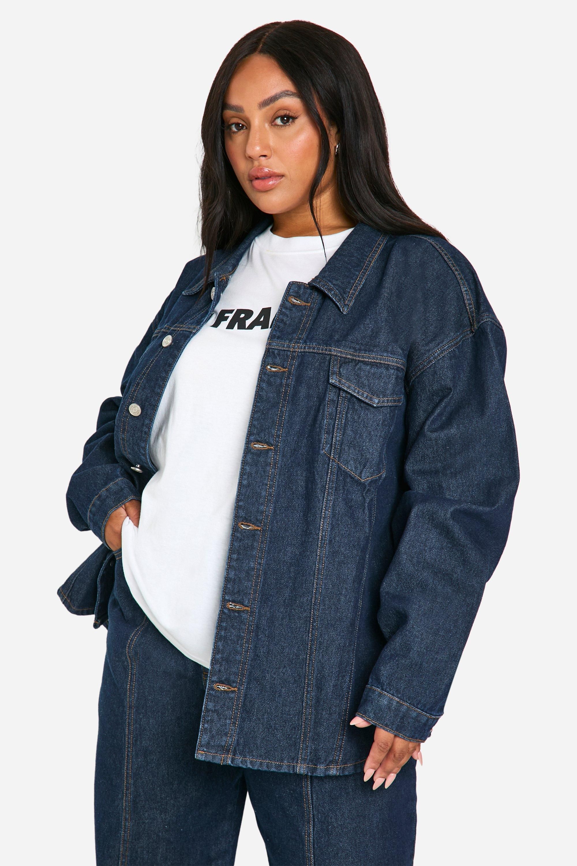 Plus Oversized Contrast Stitch Raw Indigo Denim Jacket