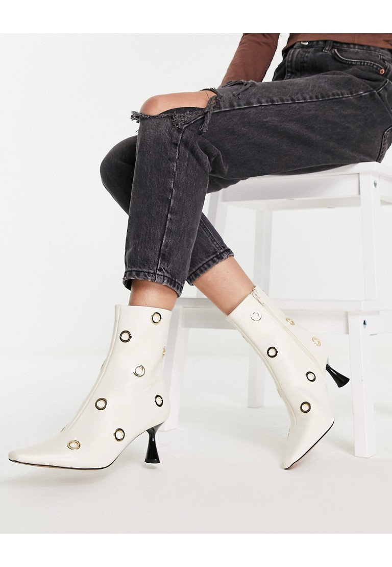 ASOS DESIGN Rush mid-heeled boots with hardware detail in natural-Neutral