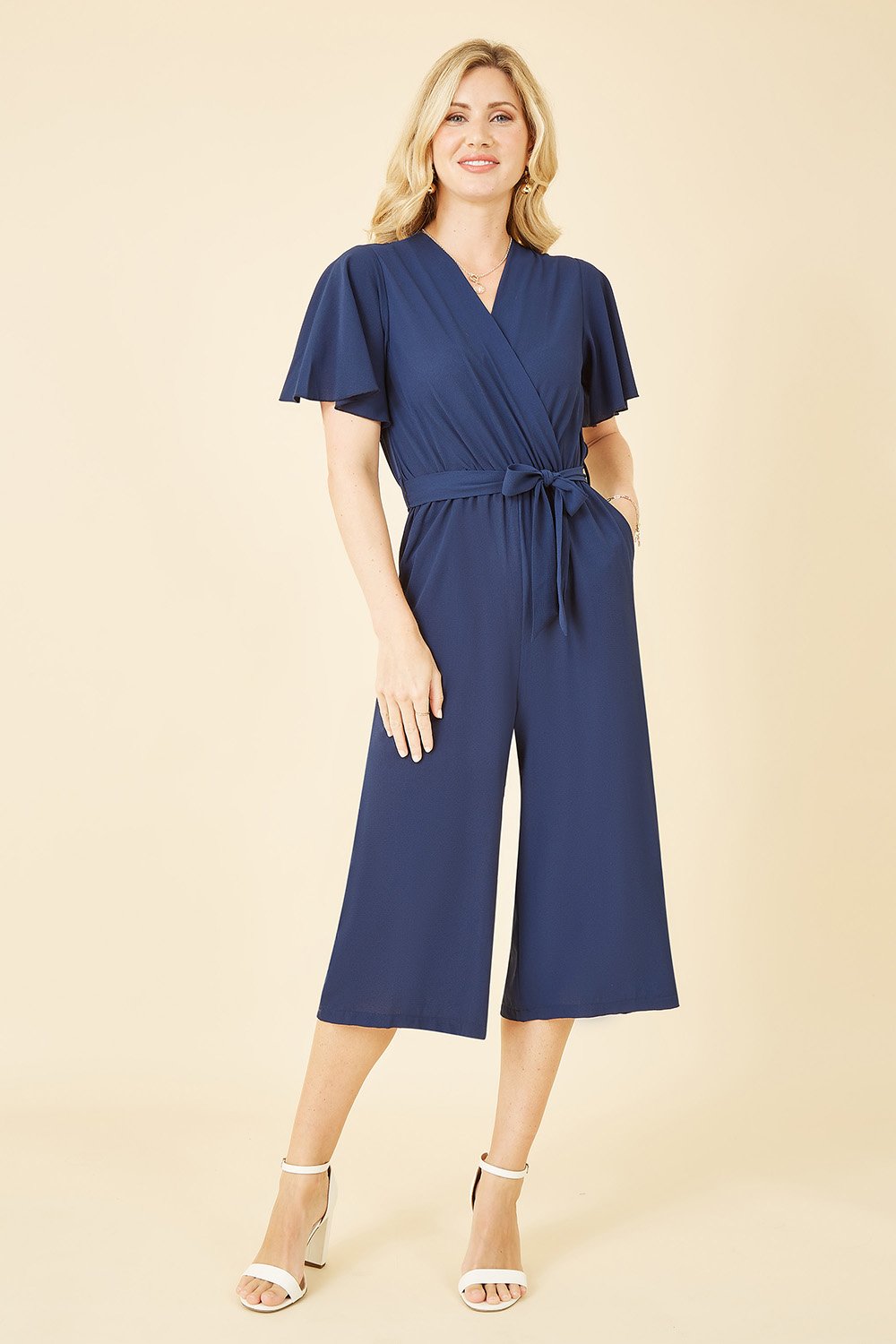 Navy Wrap Over Jumpsuit With Angel Sleeves