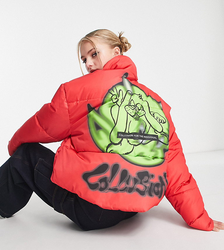 COLLUSION cropped puffer coat with graphic print in pink