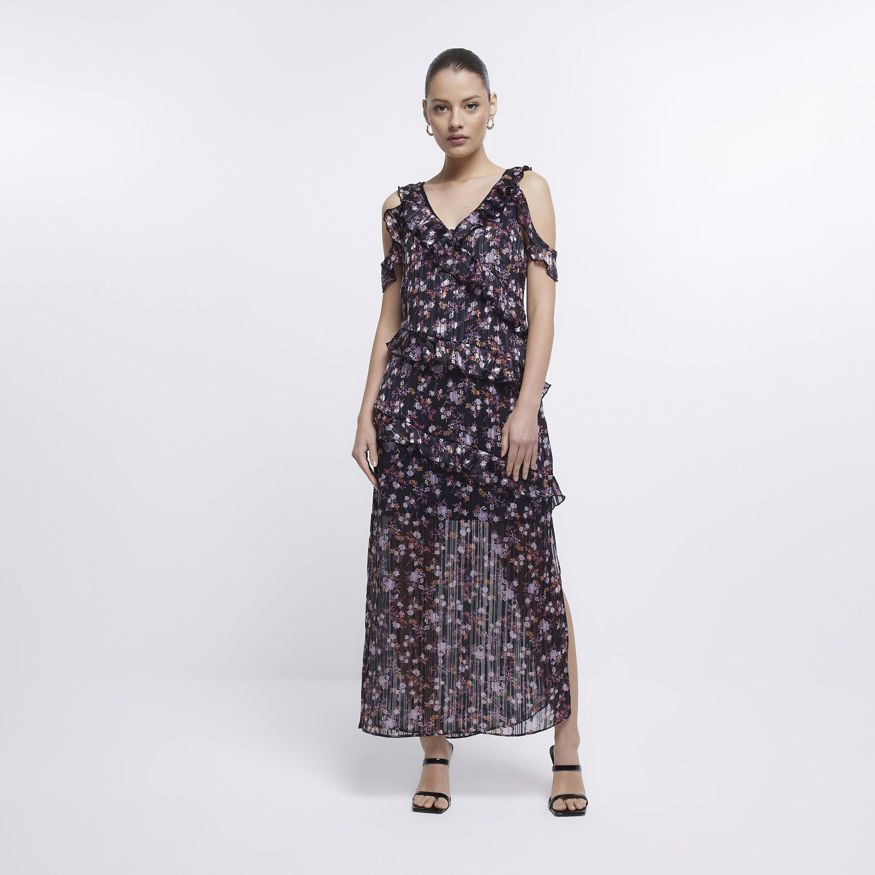 River Island Womens Slip Midi Dress Black Floral Frill
