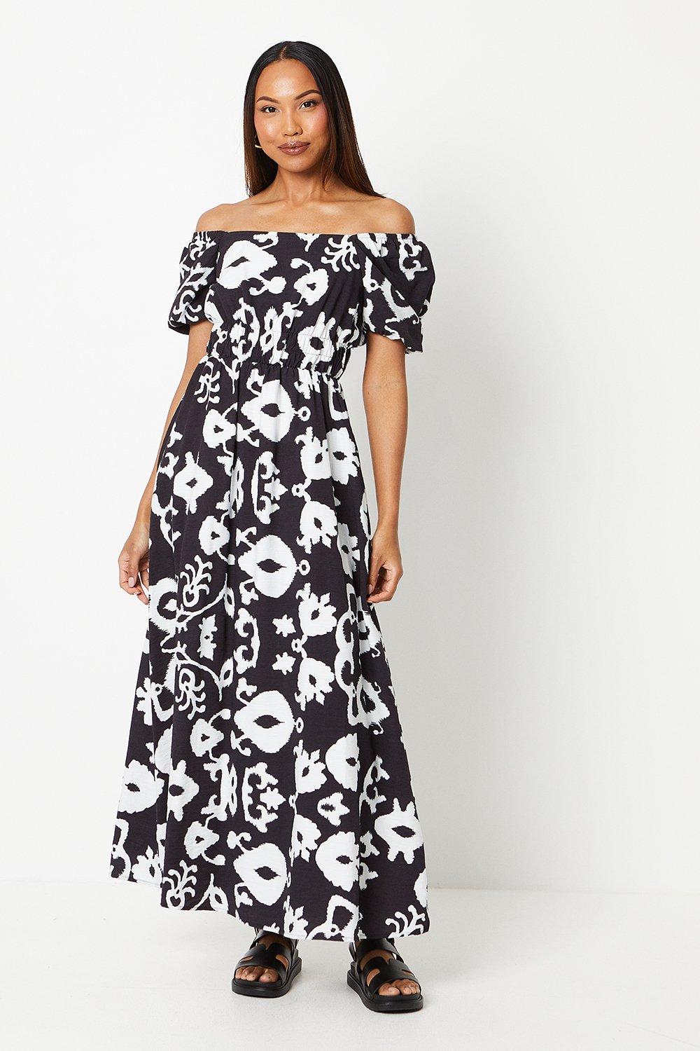 Mono Shirred Waist Square Neck Midi Dress