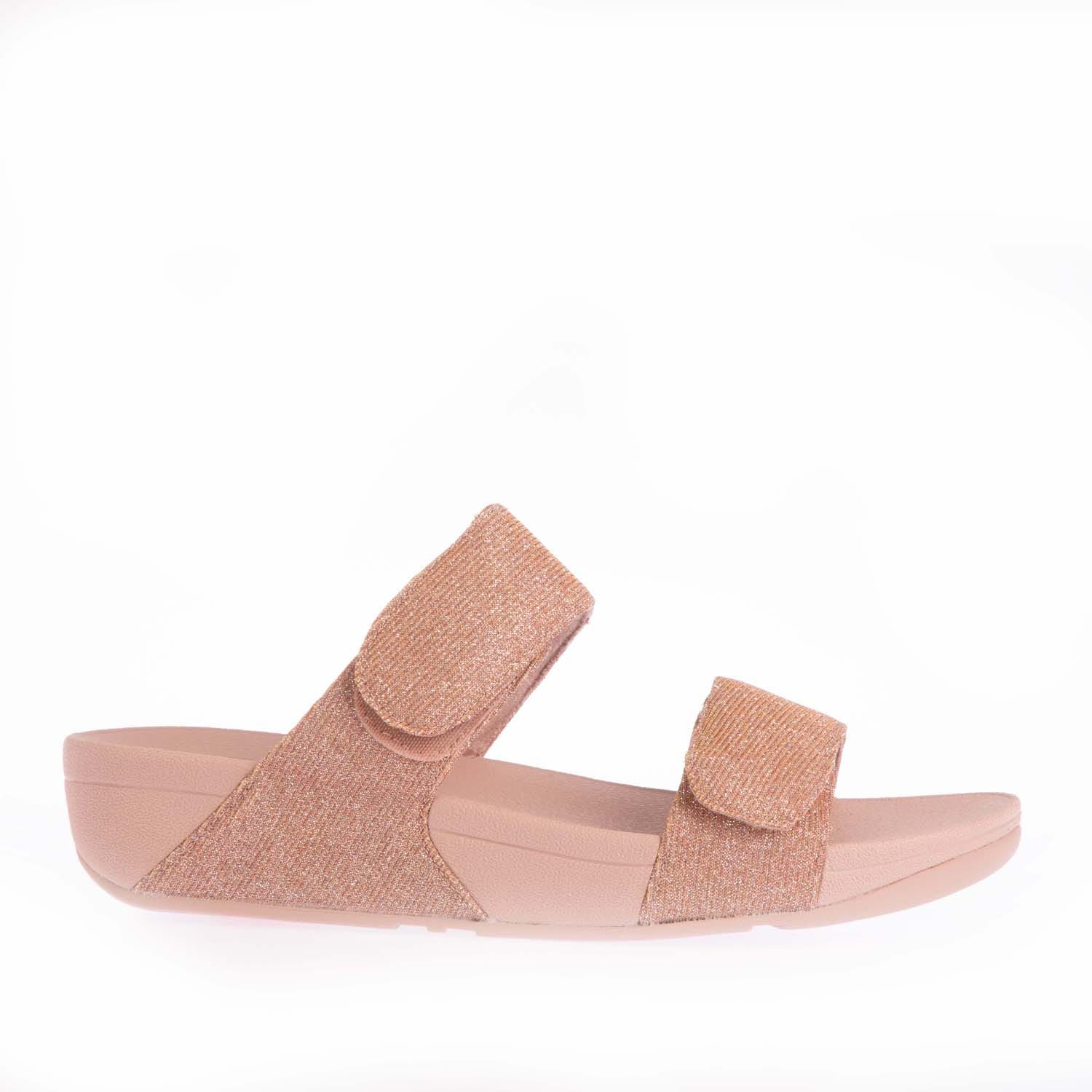 Women's Fit Flop Lulu Adjustable Shimmerlux Slide Sandals in Rose Gold