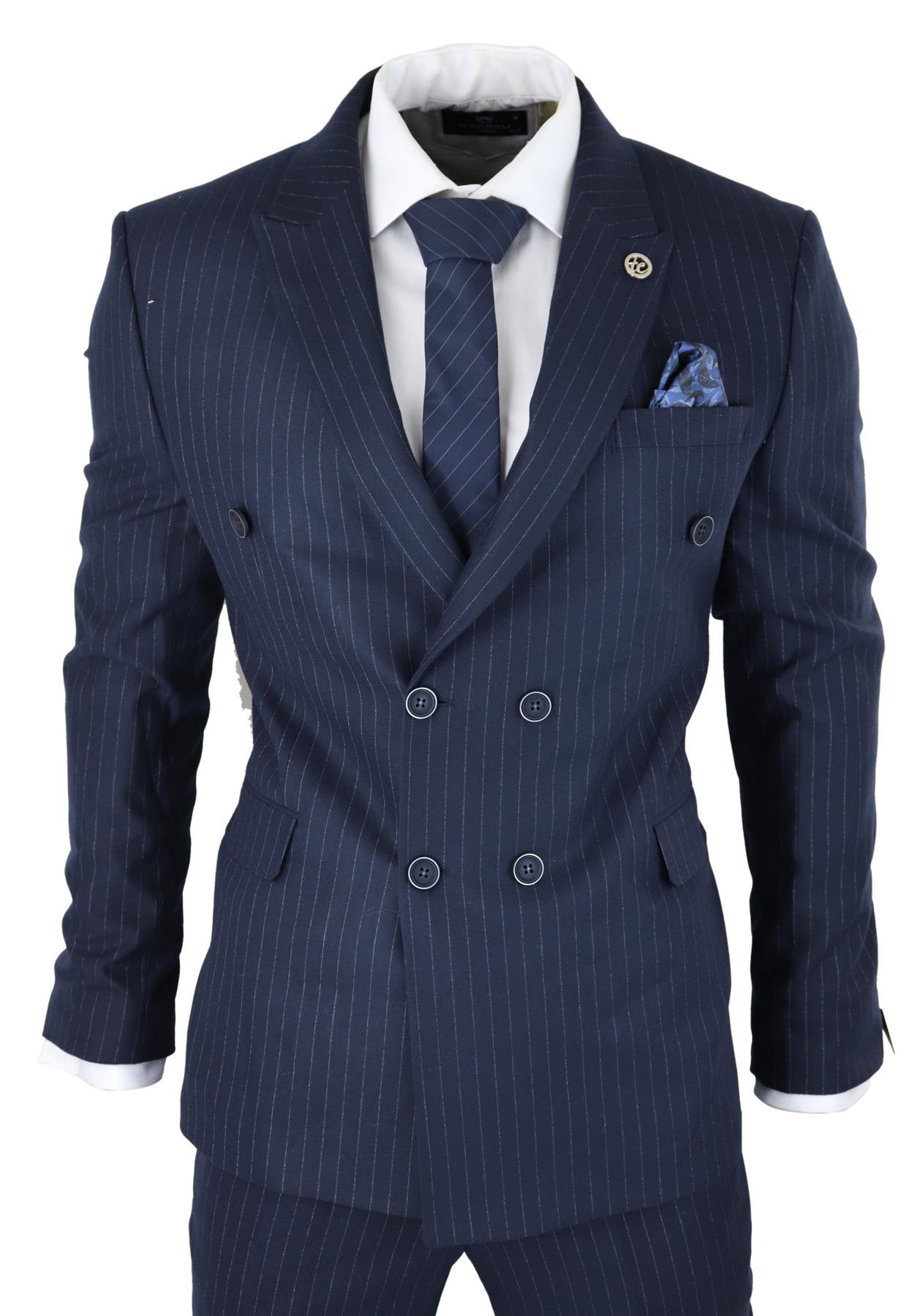 Heren marineblauw pak met dubbele rij knopen, 2-delig krijtstreep Peaky ...