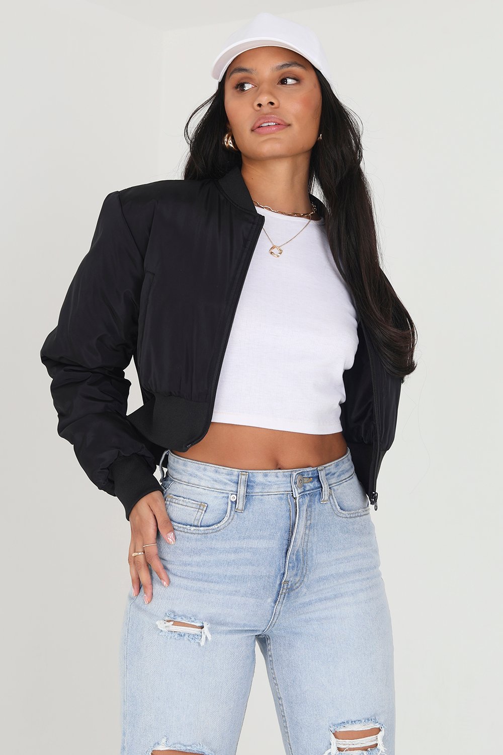 Black 'Arlona' Cropped Bomber Jacket