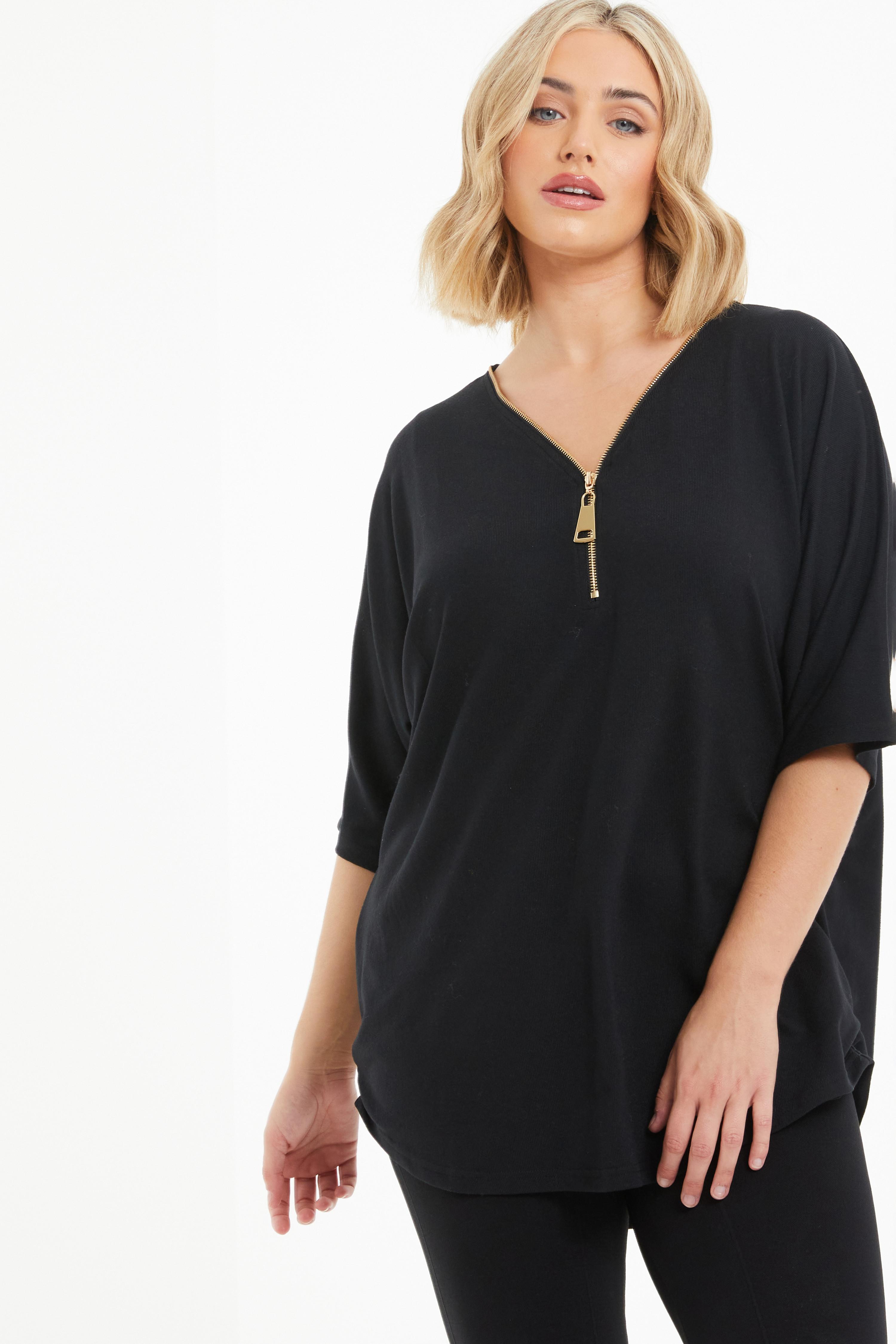 Curve Black Zip Batwing Top