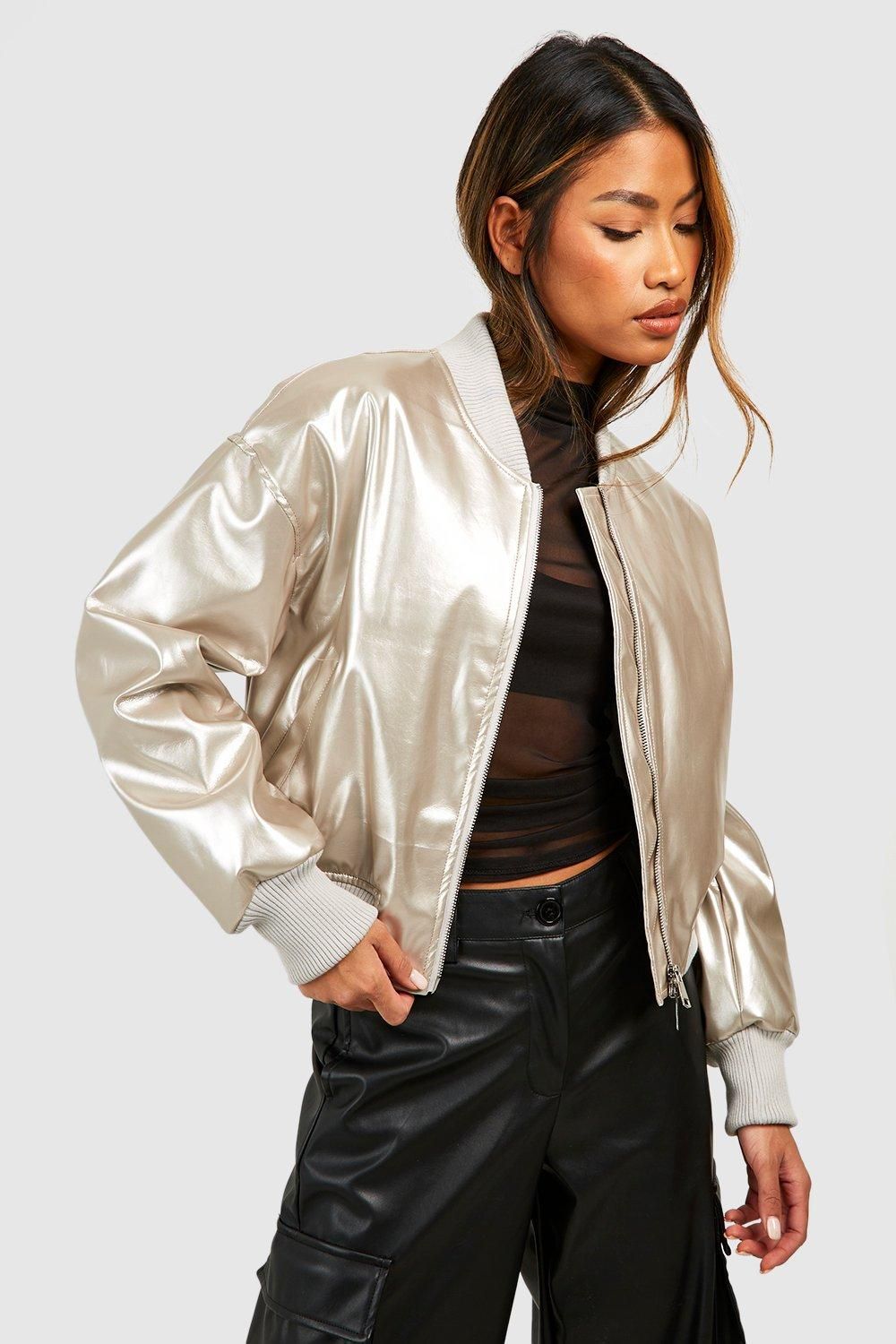 Metallic Vinyl Crop Faux Leather Bomber Jacket