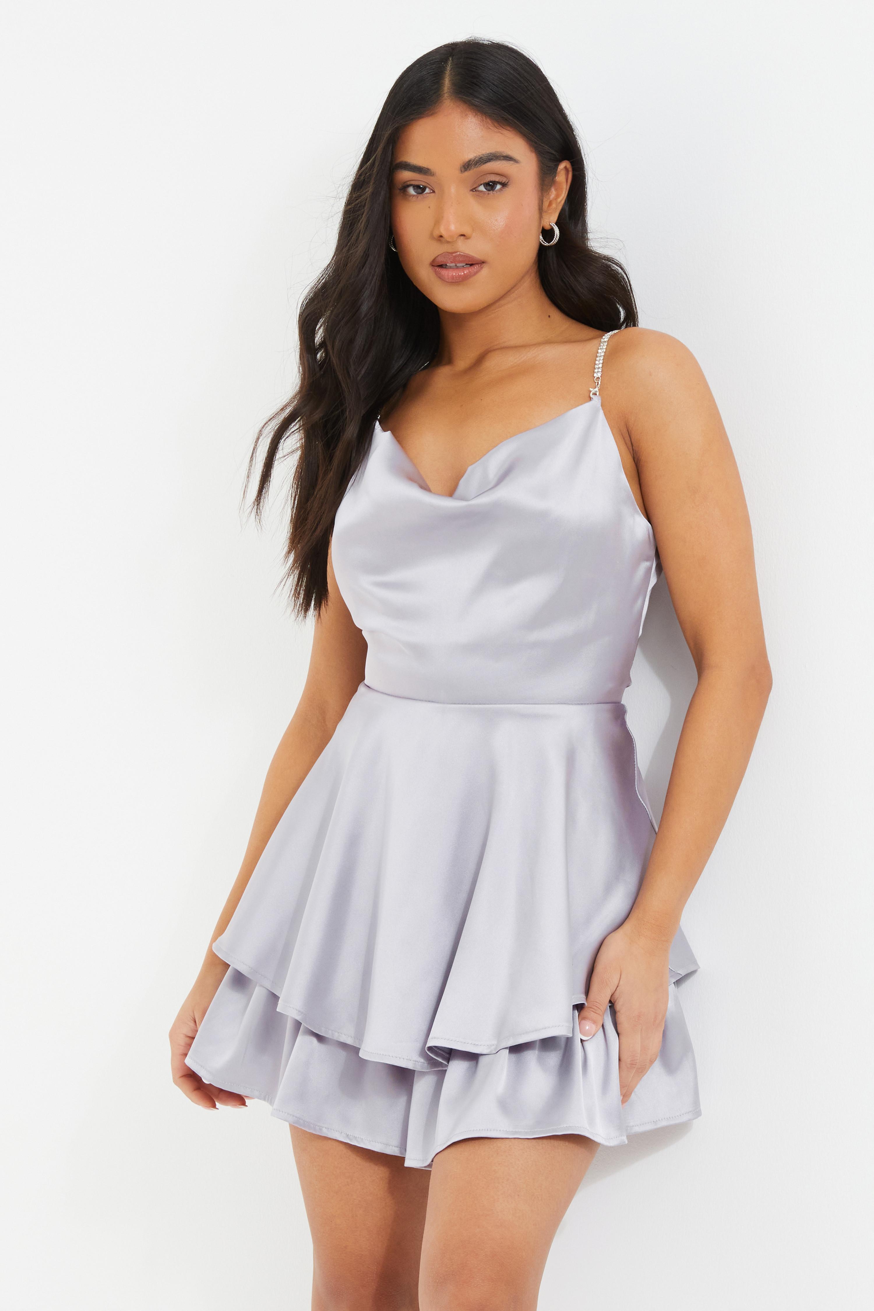 Petite Grey Satin Diamante Playsuit