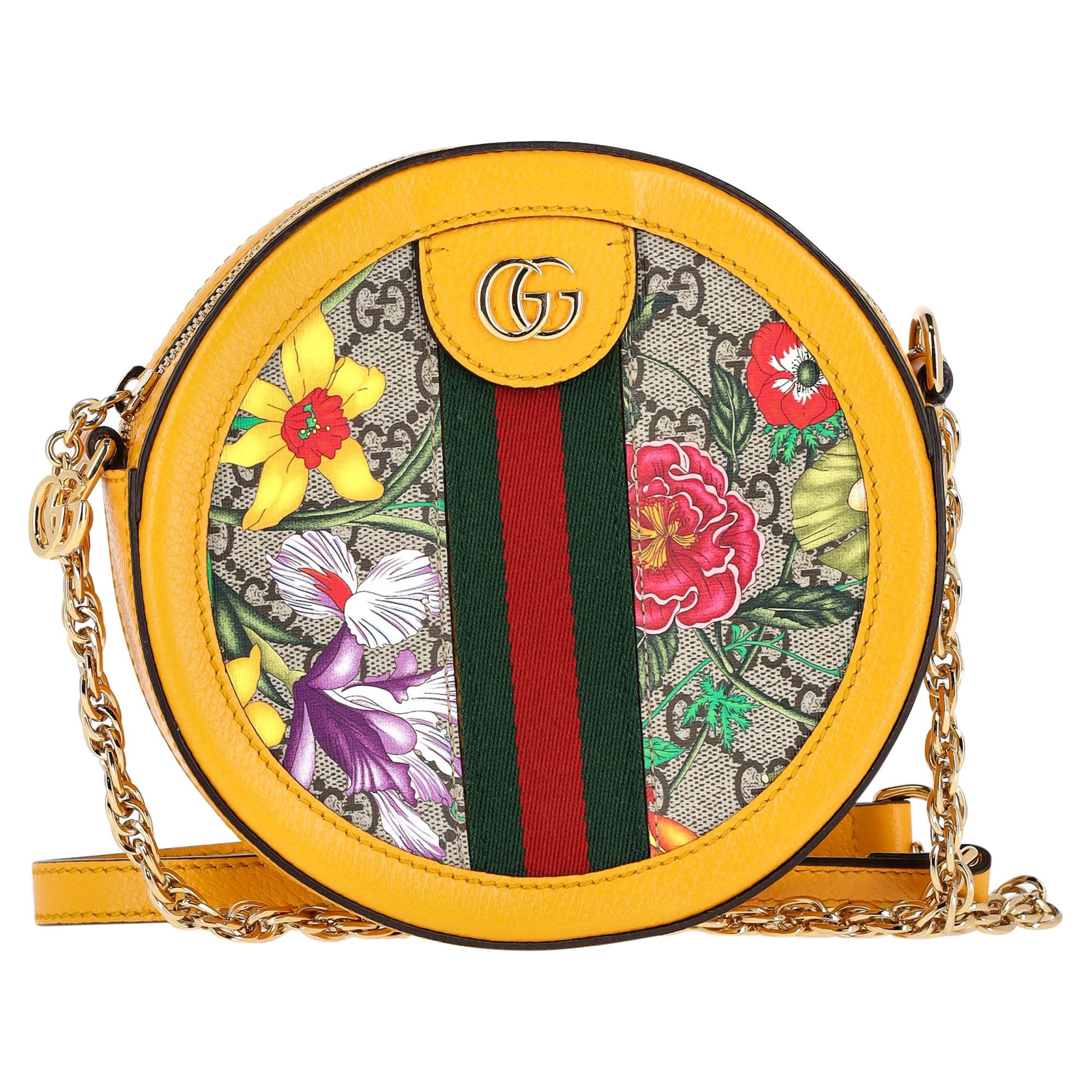 Gucci Ophidia Round Mini Crossbody Bag in Yellow Leather and Floral ...