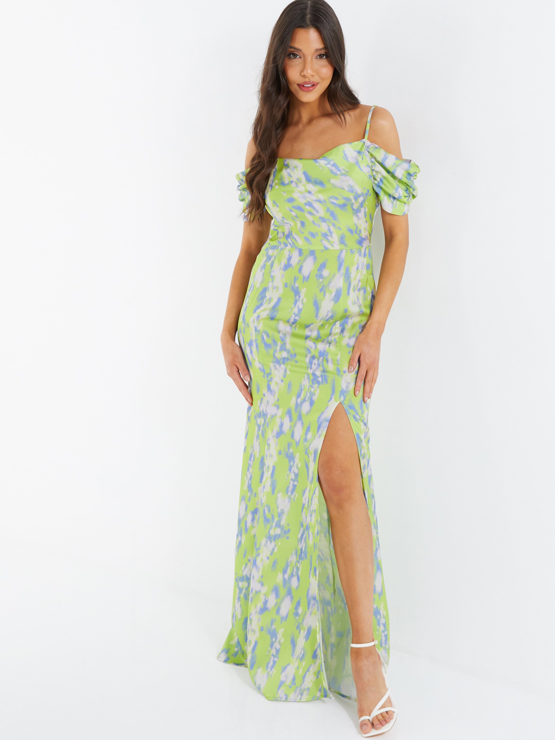 Lime Satin Marble Print Maxi Dress