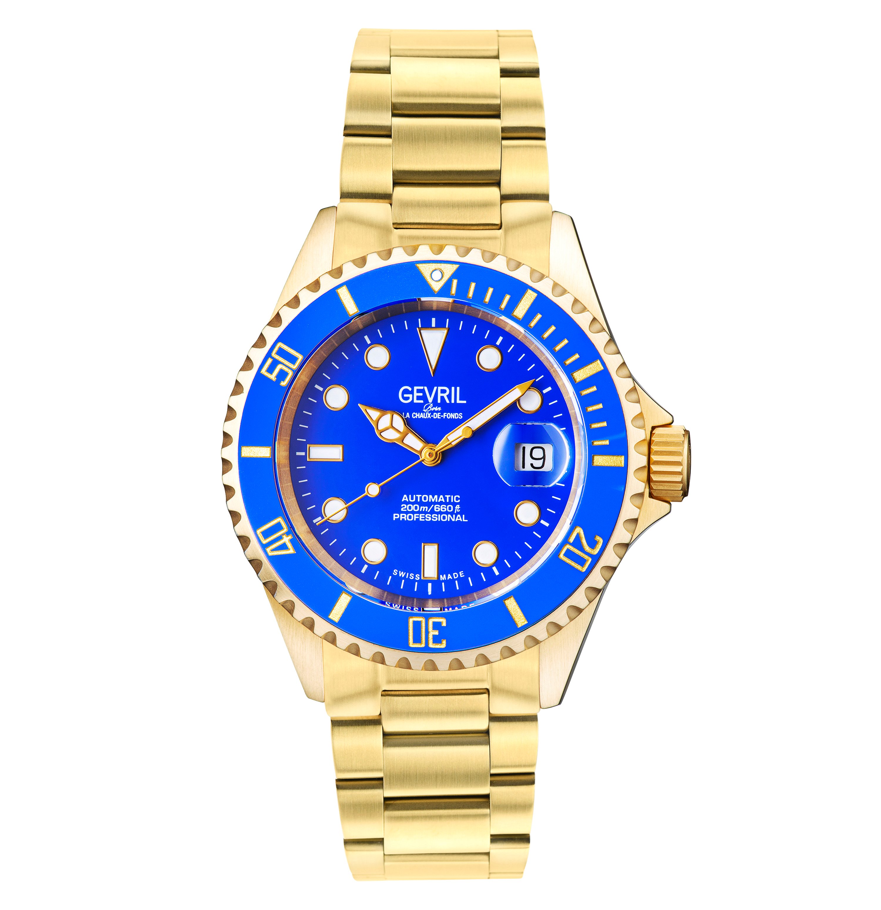 Gevril Men's Wall Street Blue Dial IP Gold Bracelet Swiss Automatic ...