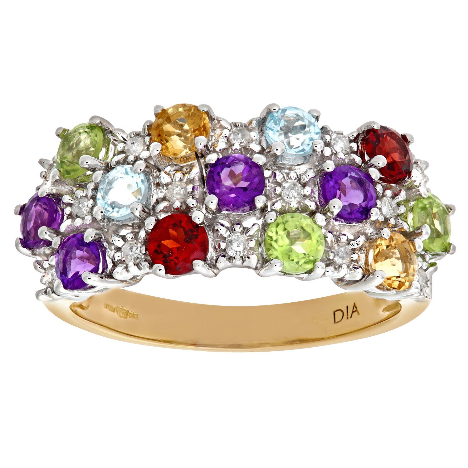 Ladies 9ct Yellow Gold Diamond & Multi Gem Stone Dress Ring