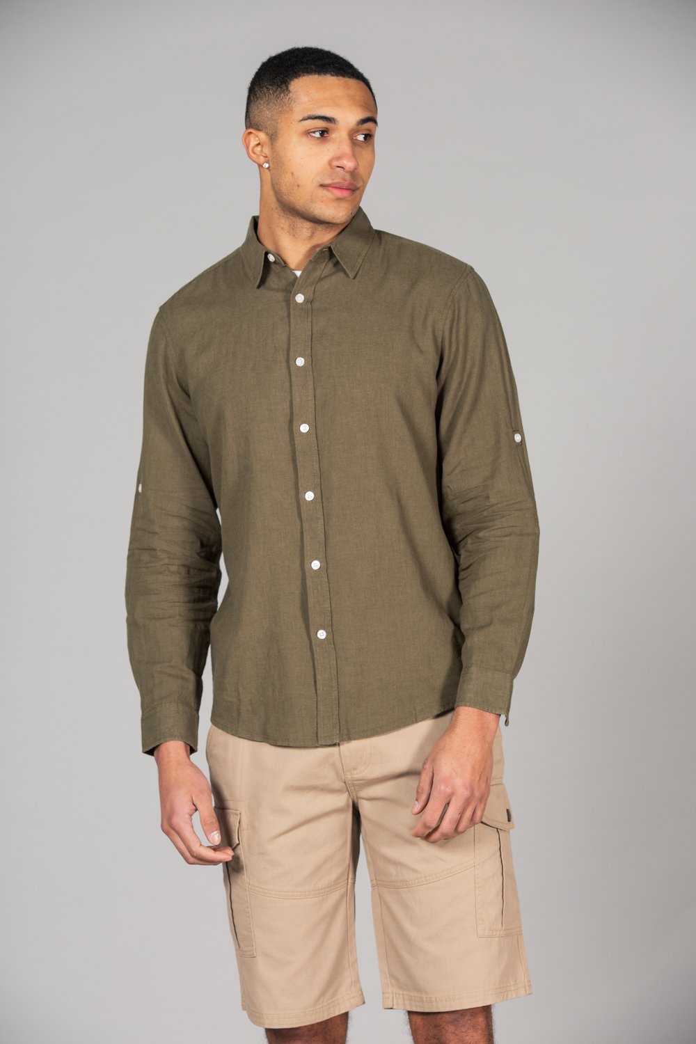 Green Linen Blend Long Sleeve Button-Up Shirt