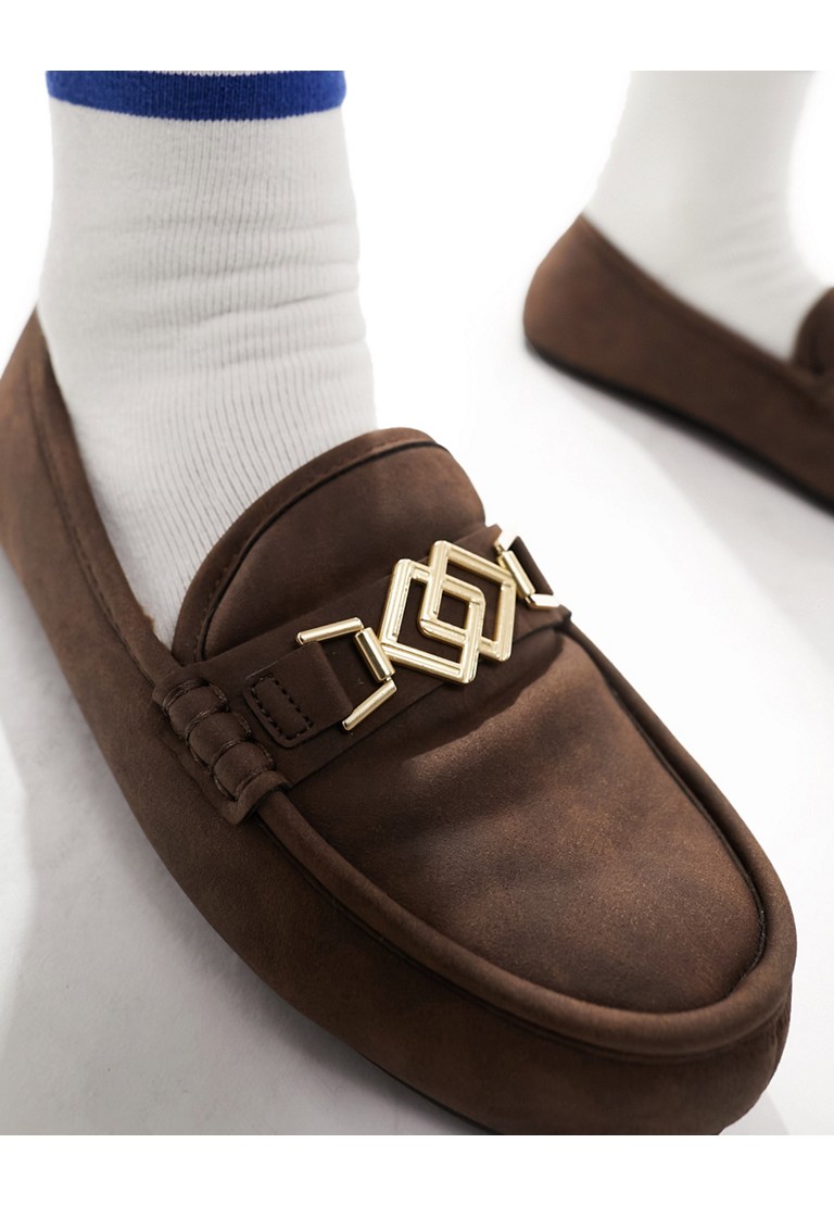 ASOS DESIGN moccasin slippers in brown with snaffle detail