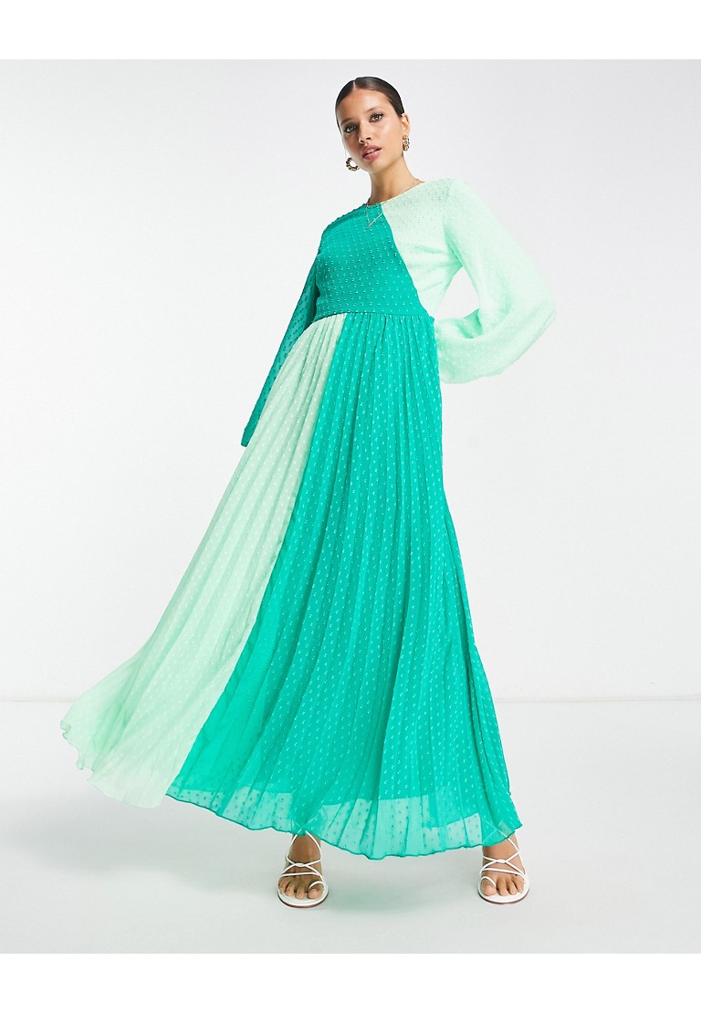 ASOS DESIGN dobby pleated maxi dress in green colourblock