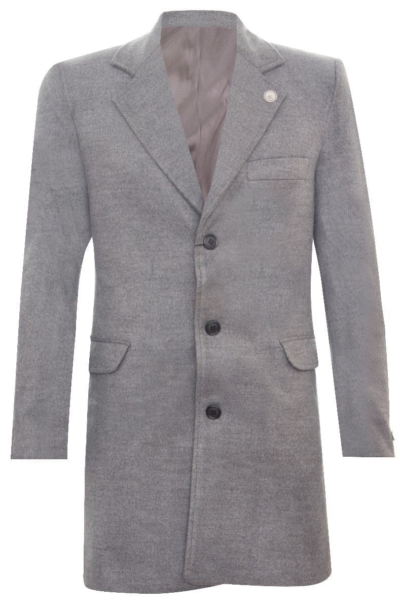 Men's Long Grey Wool Slim Fit Overcoat