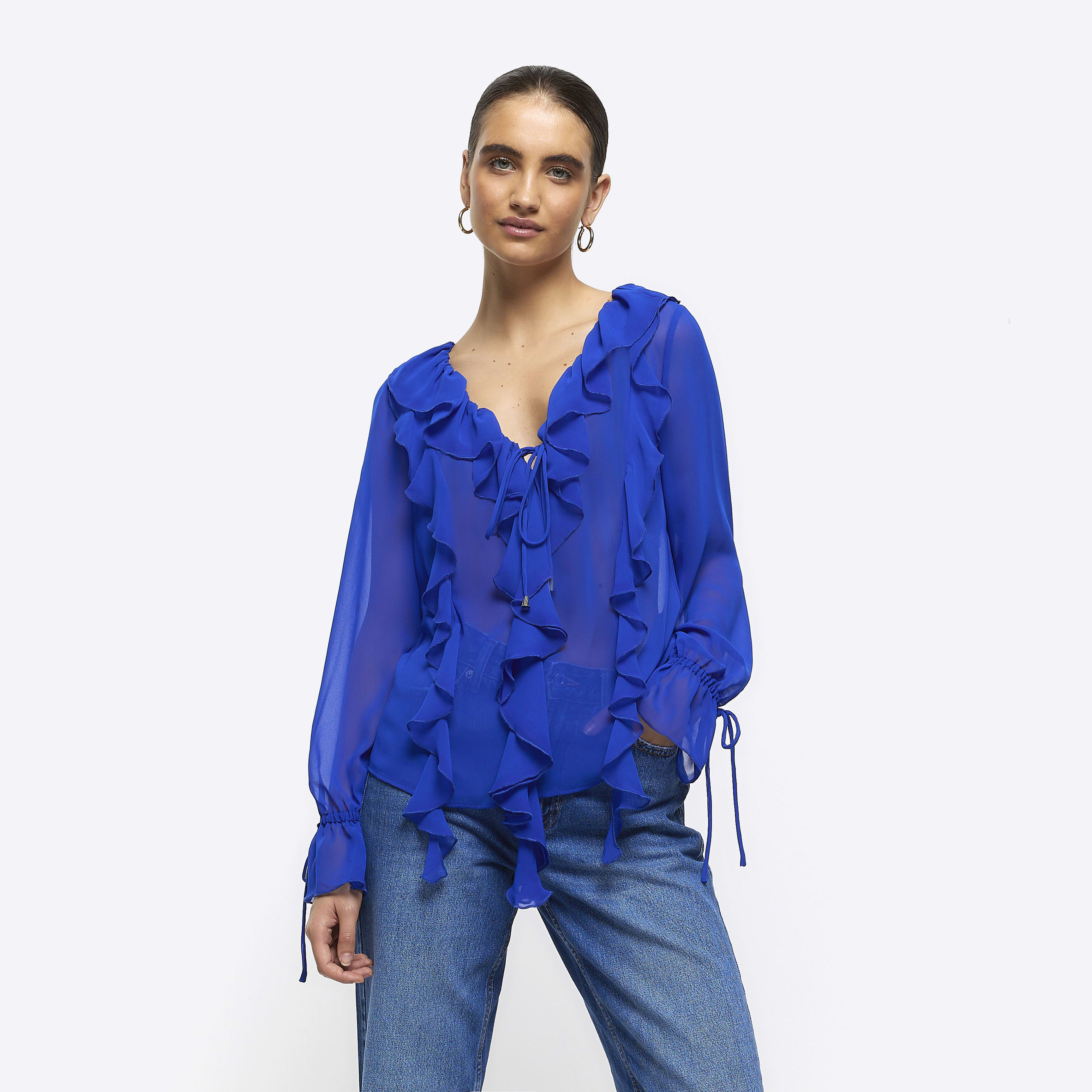 River Island Womens Blouse Blue Frill Long Sleeve