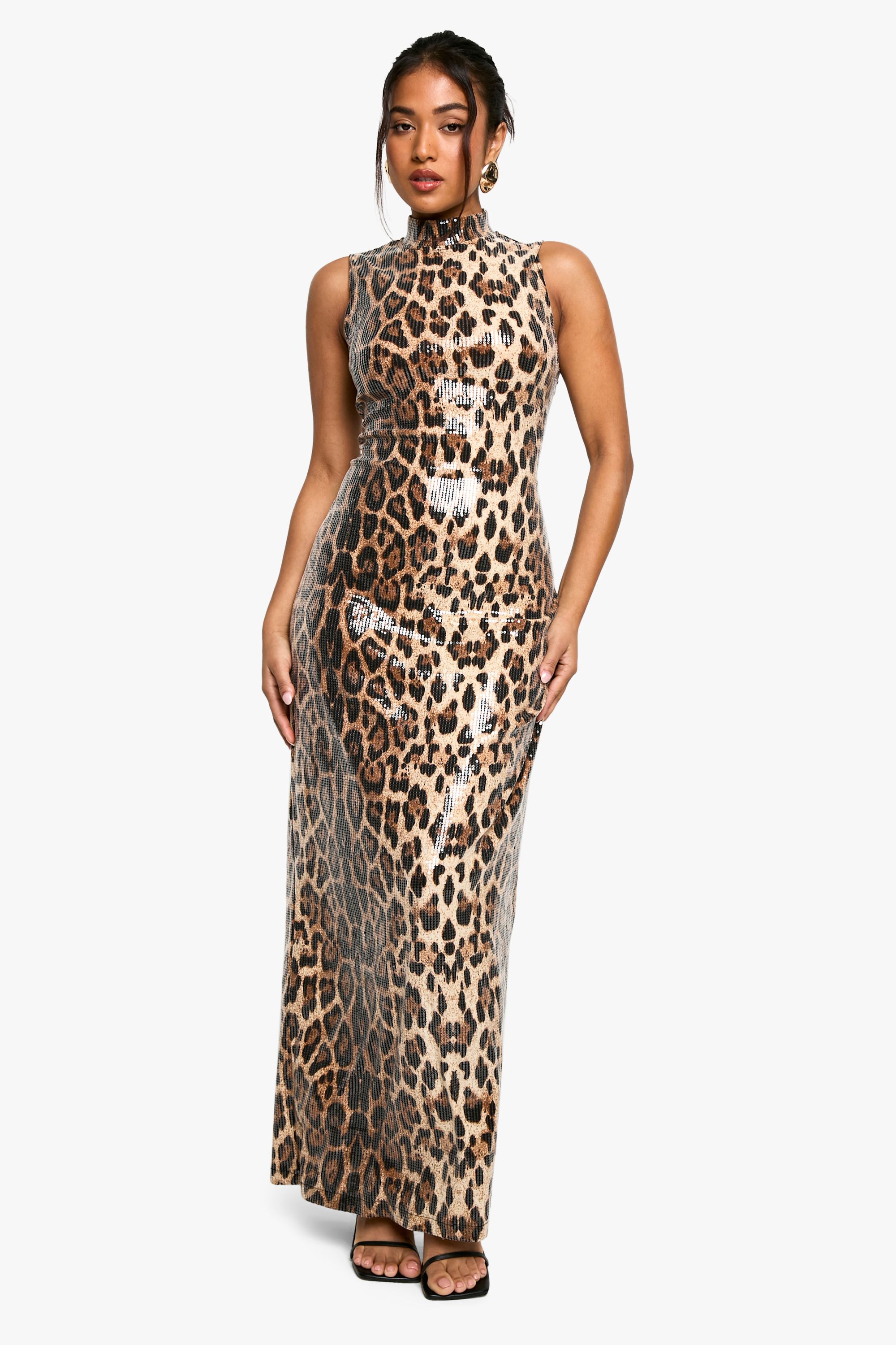Petite Leopard Sequin Racer Neck Maxi Dress