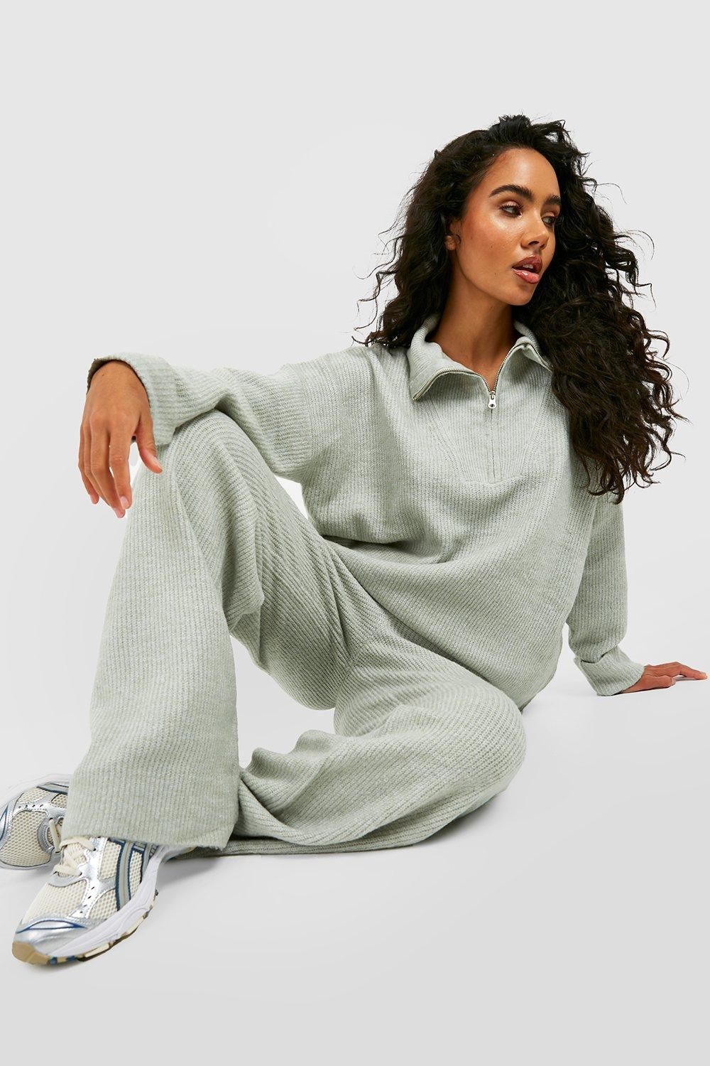 Funnel Neck And Wide Leg Trouser Knitted Tracksuit