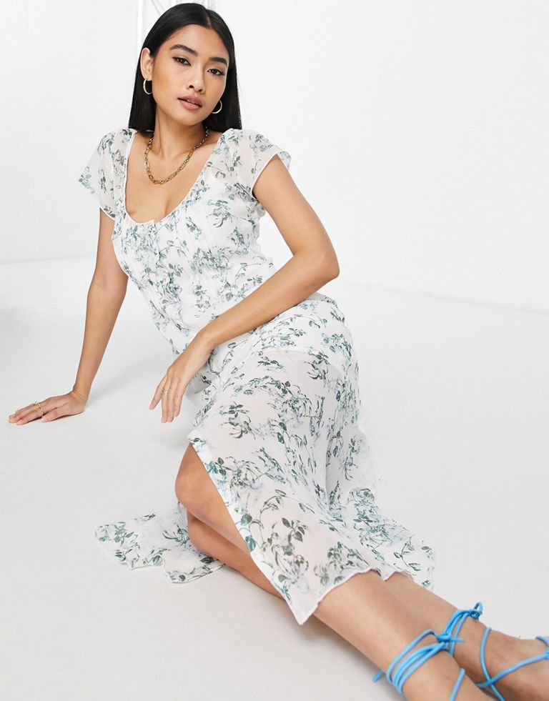 ASOS DESIGN 90s pintuck button through maxi dress in white based ditsy ...