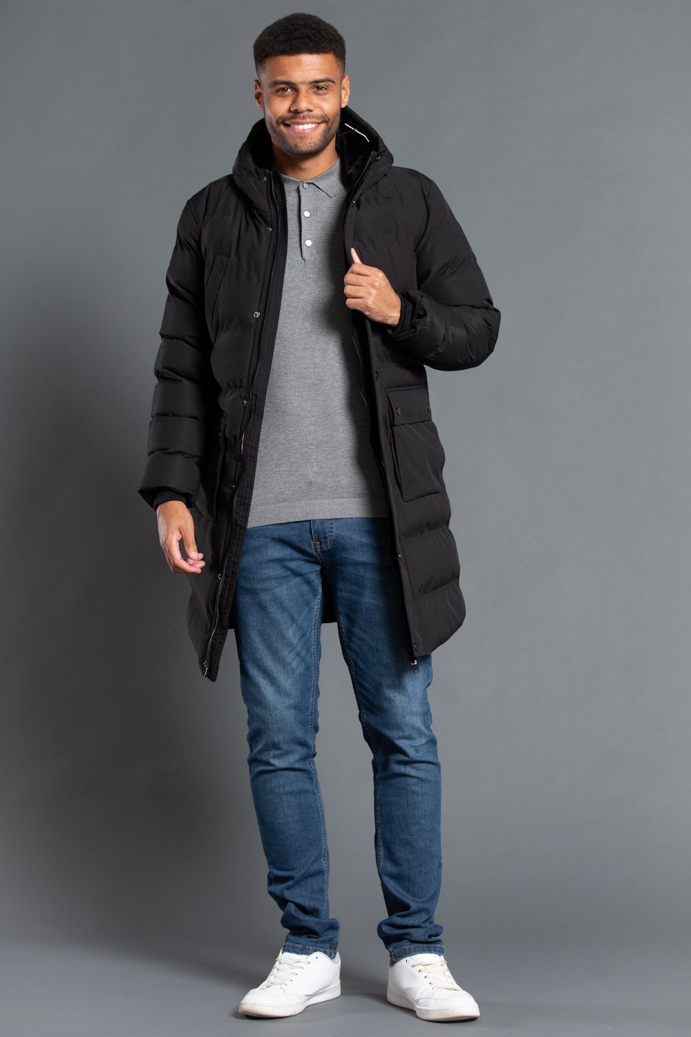 Black Longline Funnel Neck Hooded Padded Jacket