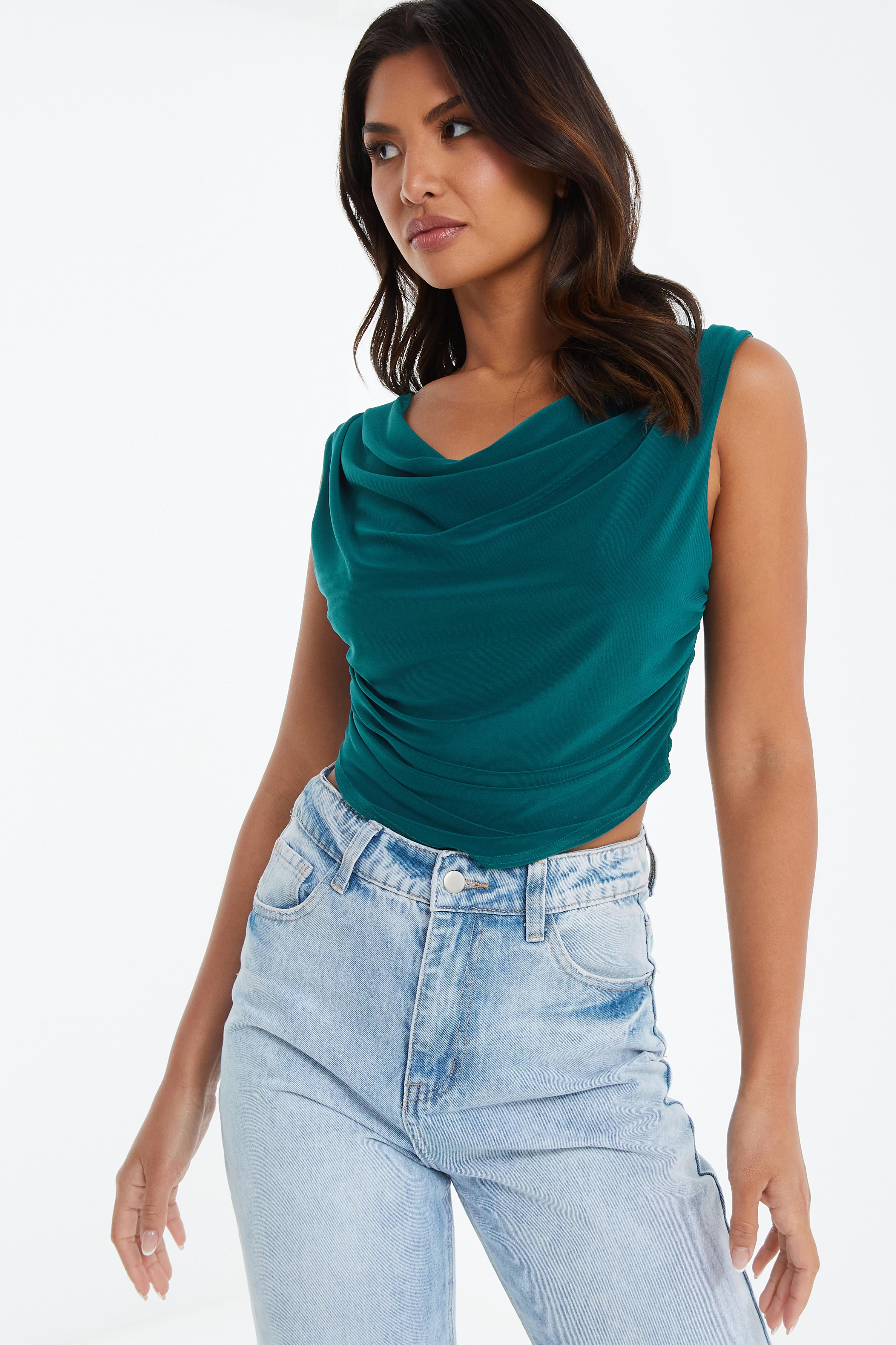 Teal Cowl Neck Crop Top