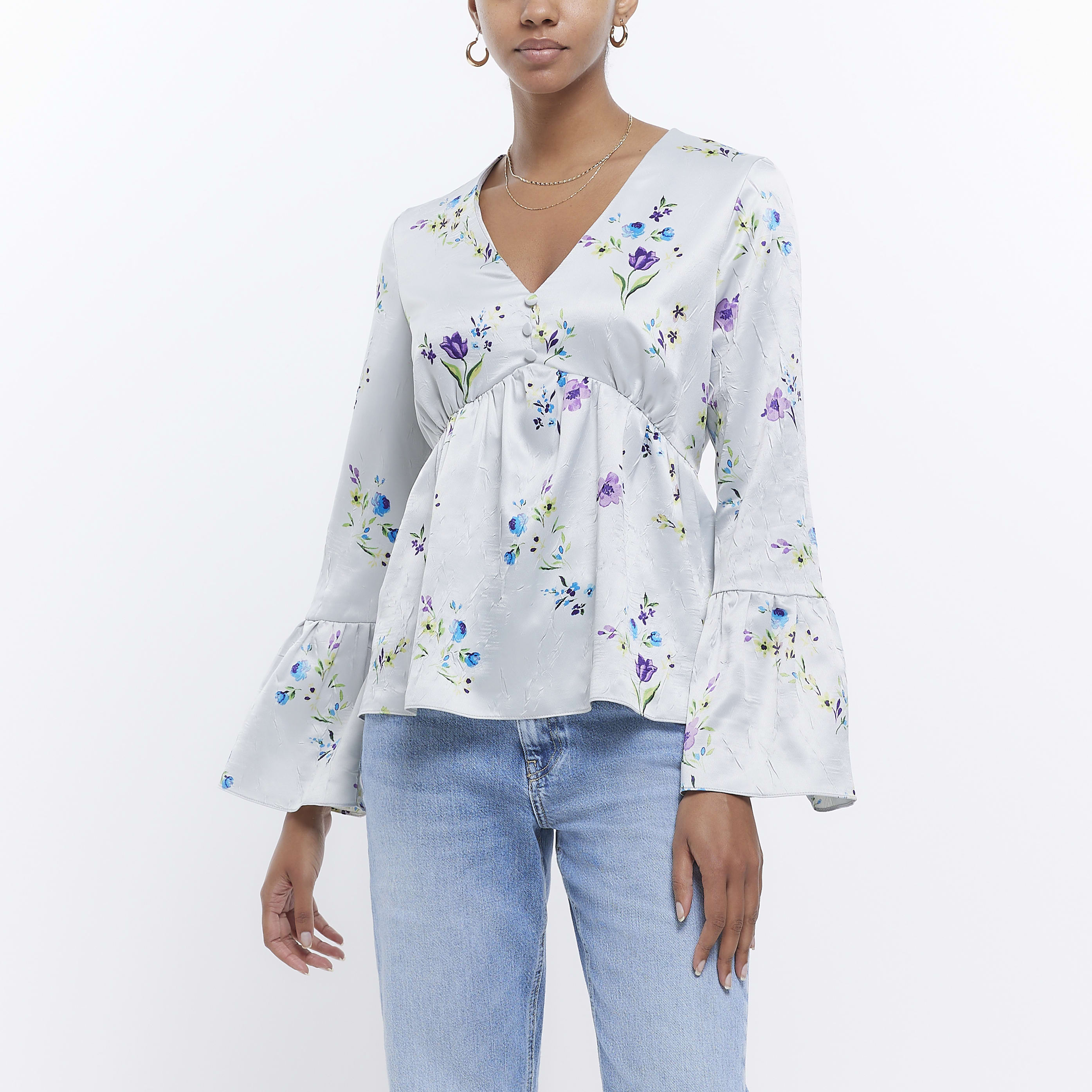River Island Womens Blouse Blue Floral Flute Sleeve