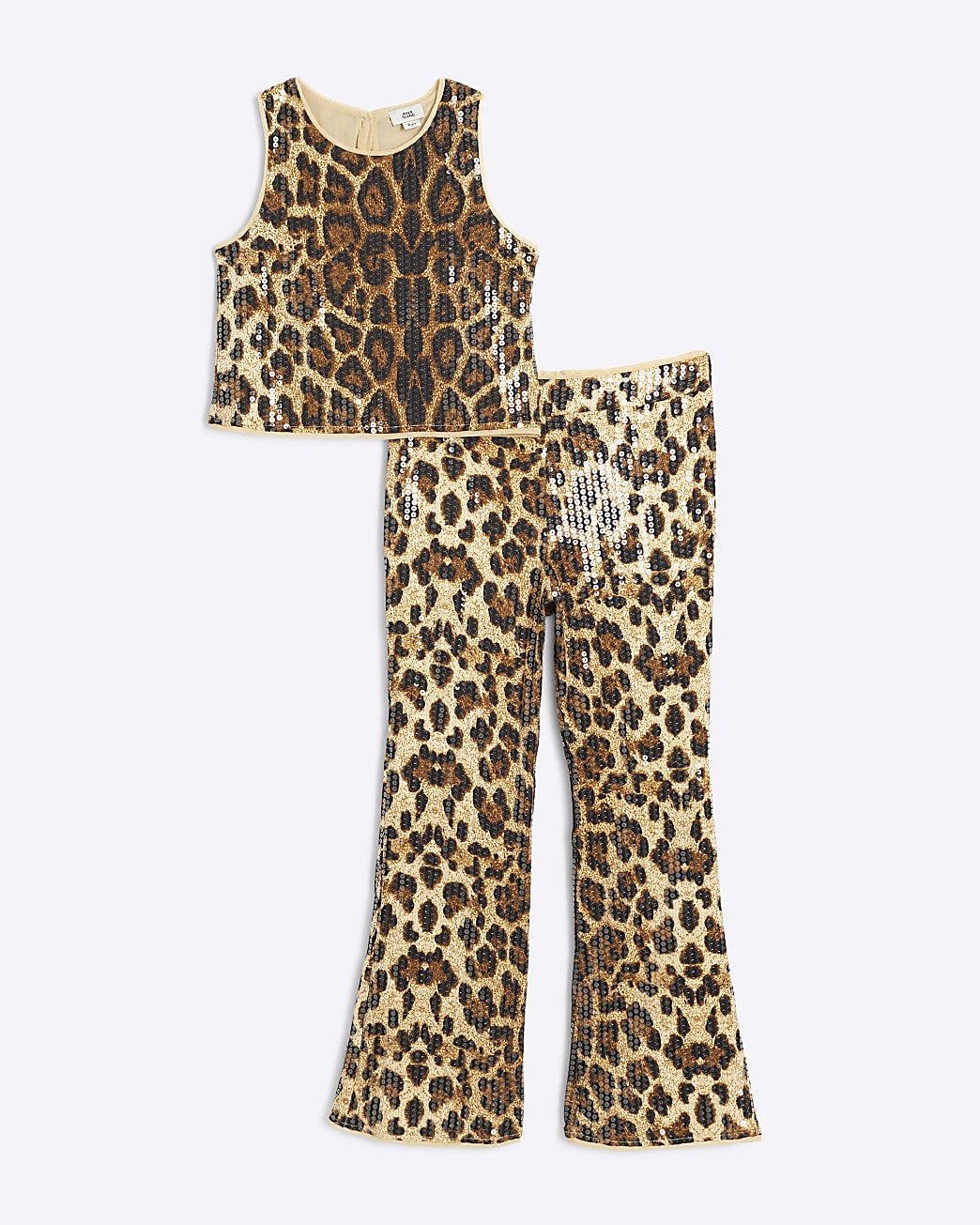 River Island Girls Top & Flares Set Girls Brown Leopard Sequin