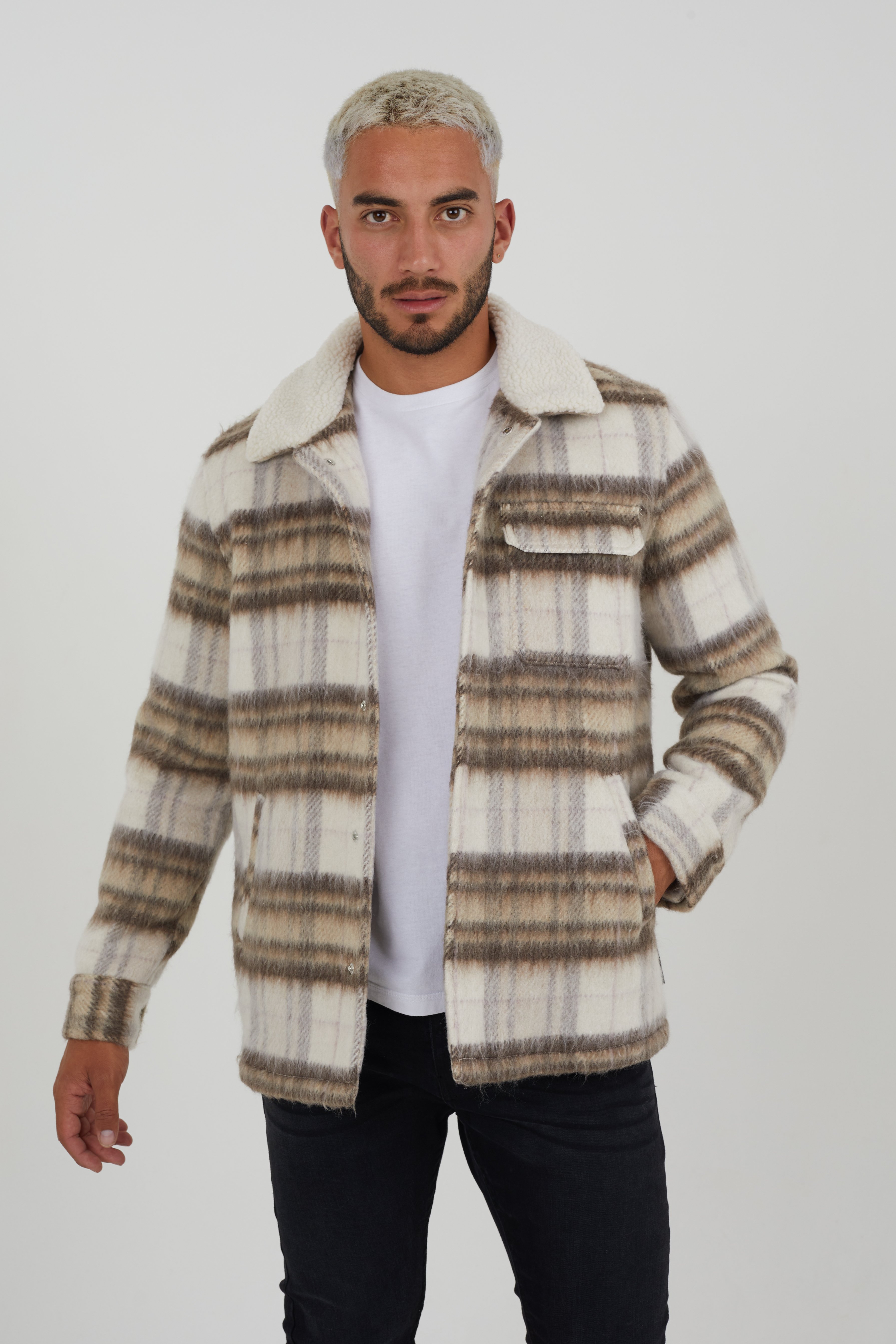 Multicolour Checked Jacket With Sherpa Collar