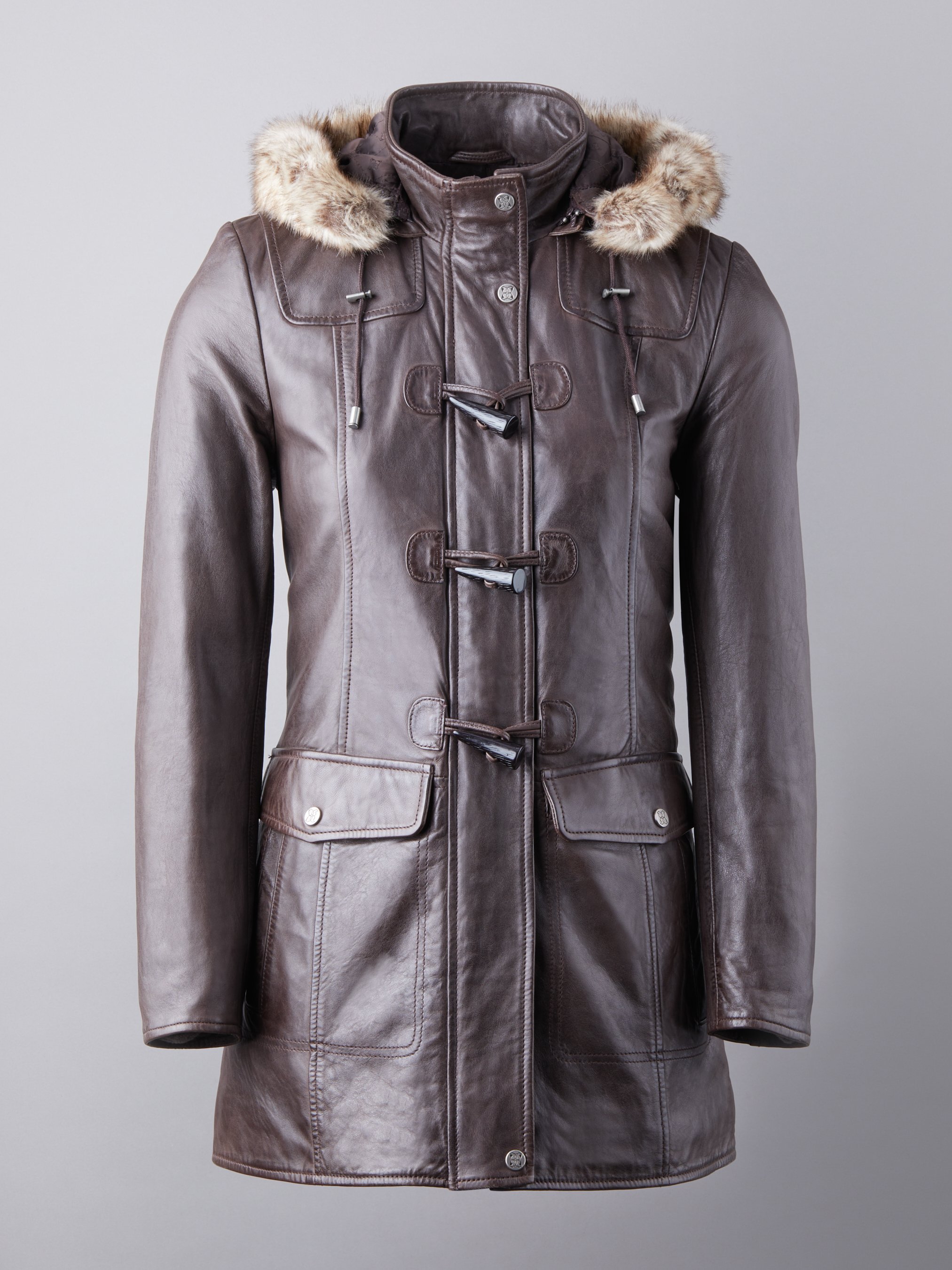Dockray Hooded Leather Duffle Coat in Brown