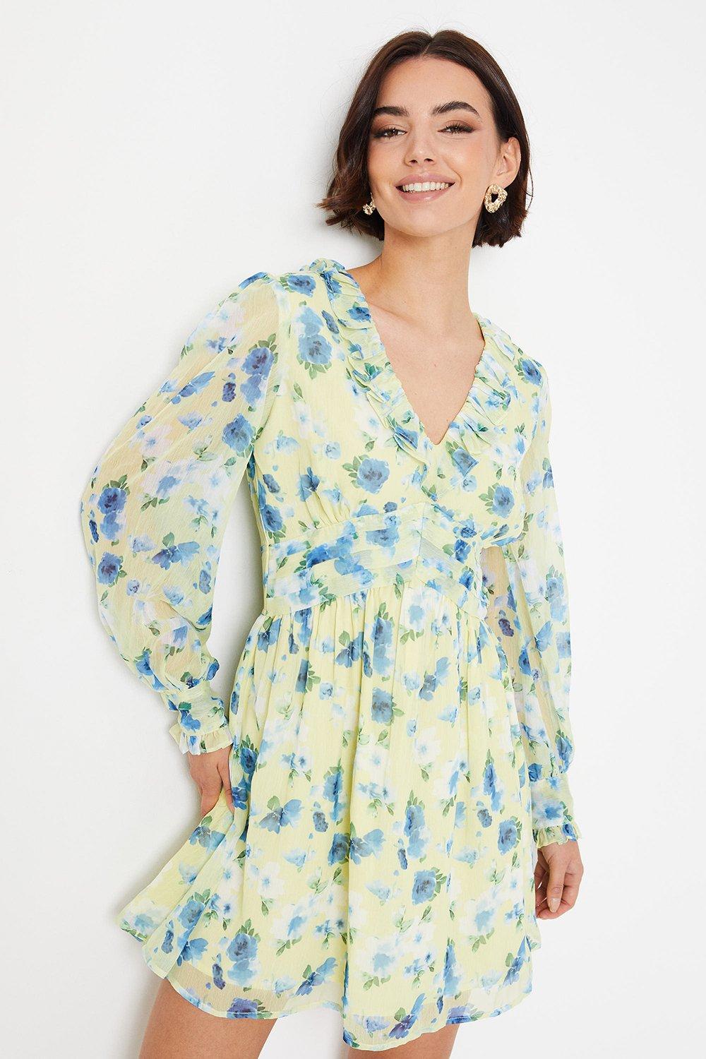 Blue Floral Chiffon Frill Neckline Waisted Mini Dress