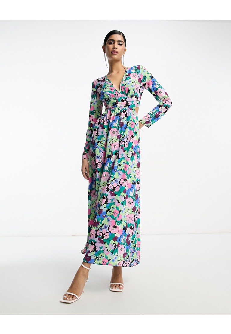ASOS DESIGN waisted maxi dress in blue floral print-Multi